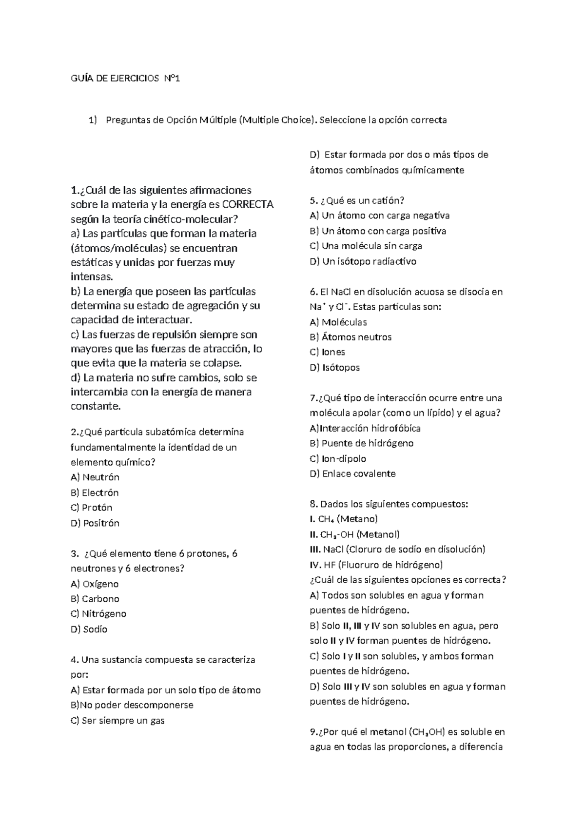 GUÍA DE EJERCICIOS N1 - Preguntas de Opción Múltiple sobre Materia y ...