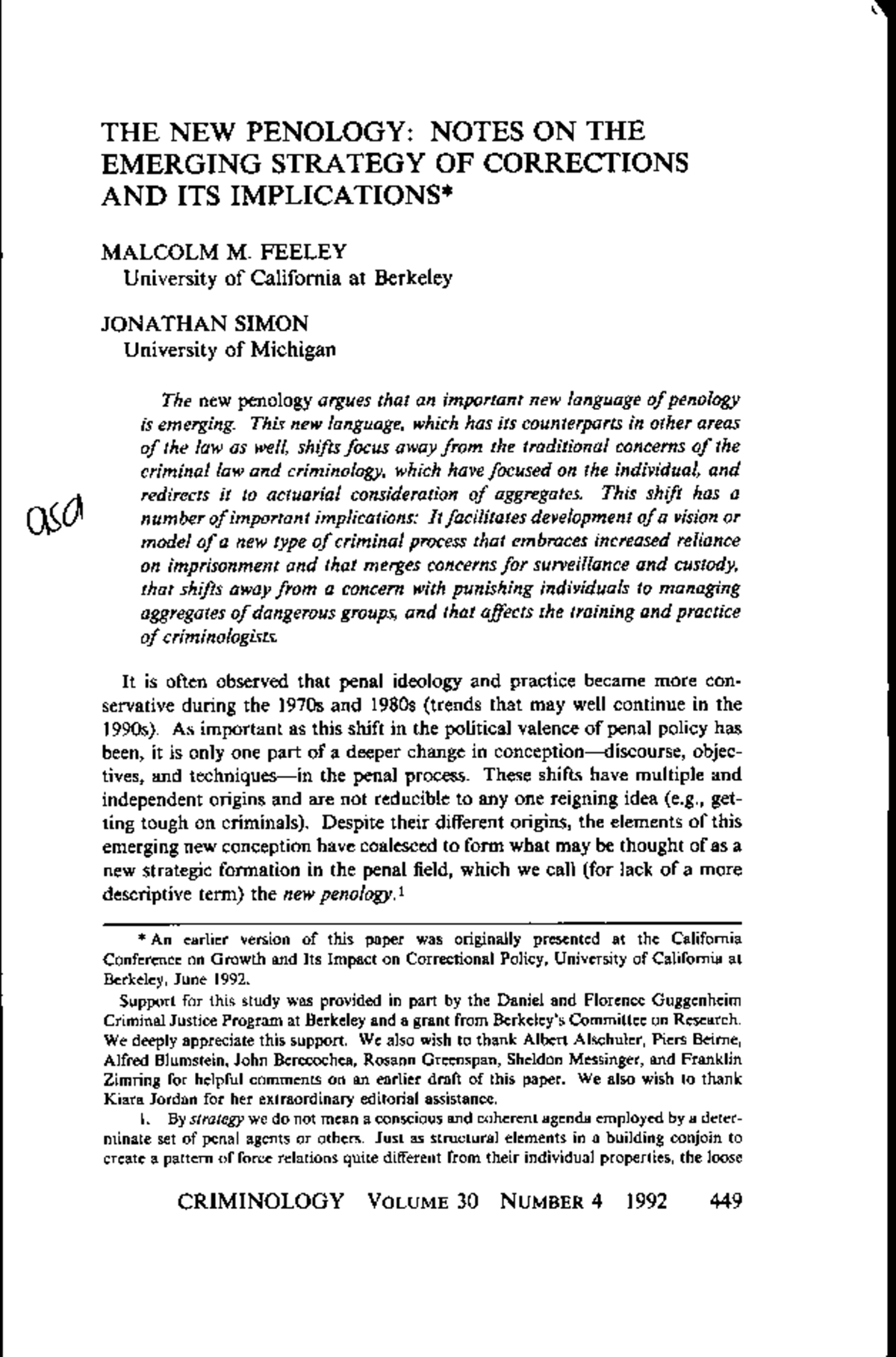 "Feeley & Simon: The New Penology - A Strategy of Corrections" - Studocu