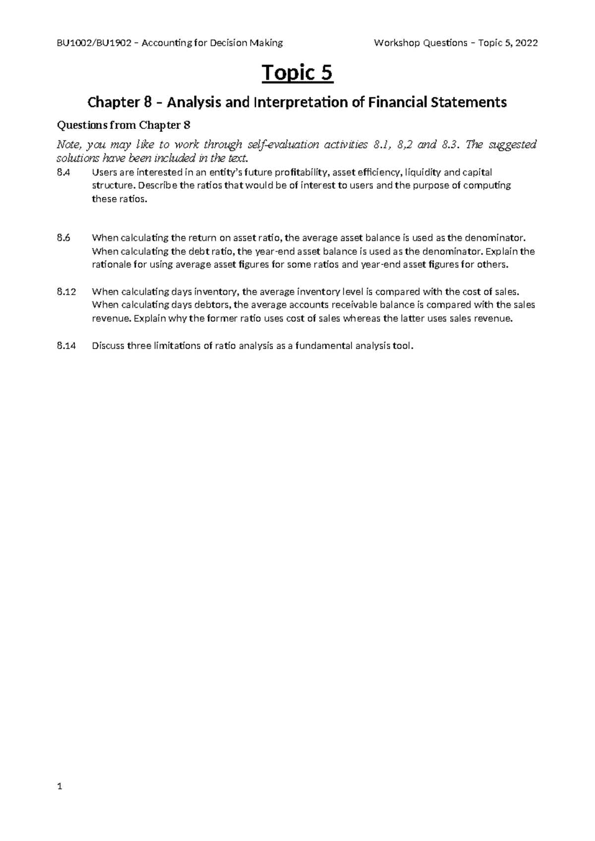 BU1002 Topic 5 - Tutorial questions (Ratio Analysis) - BU1002/BU1902 ...