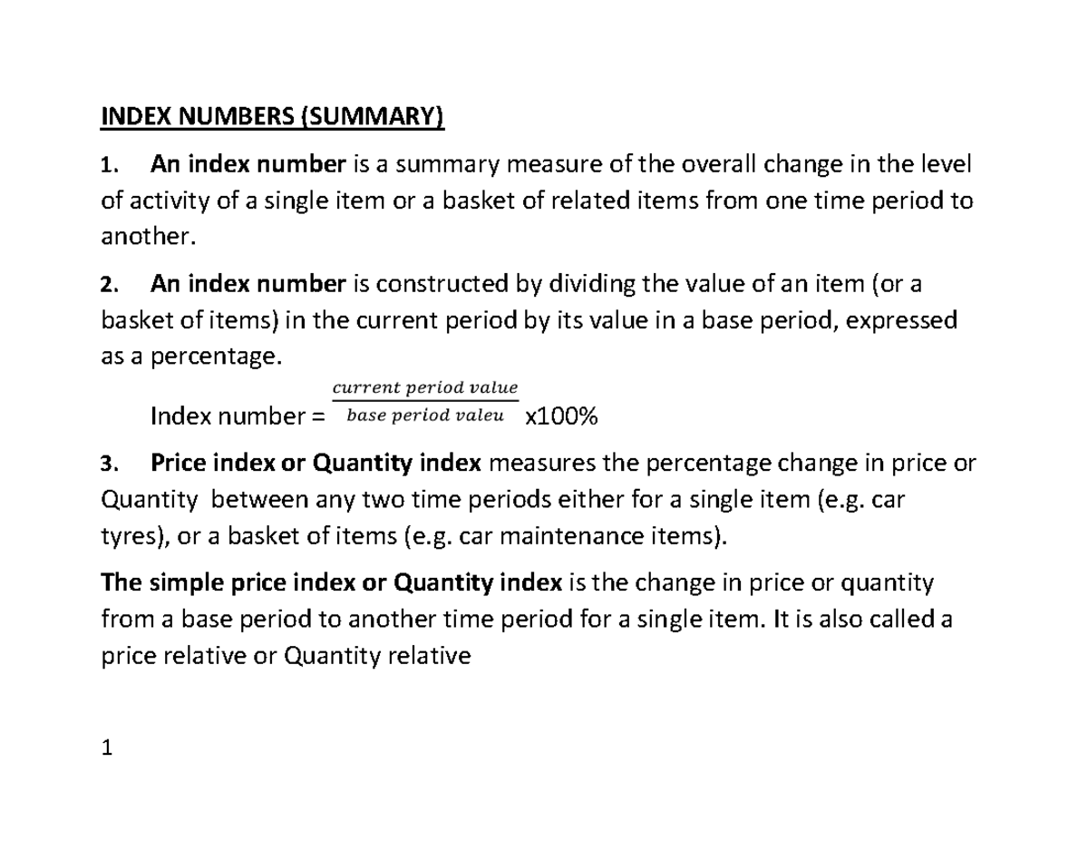 Index Numbers Notes (3)(1) - Overview and Calculation Methods - Studocu