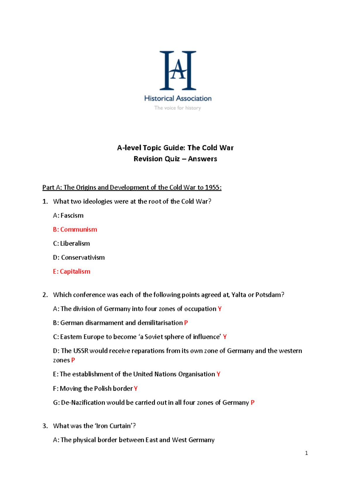 Cold War Revision Quiz Answers (Part A-D) - eefww - Studocu