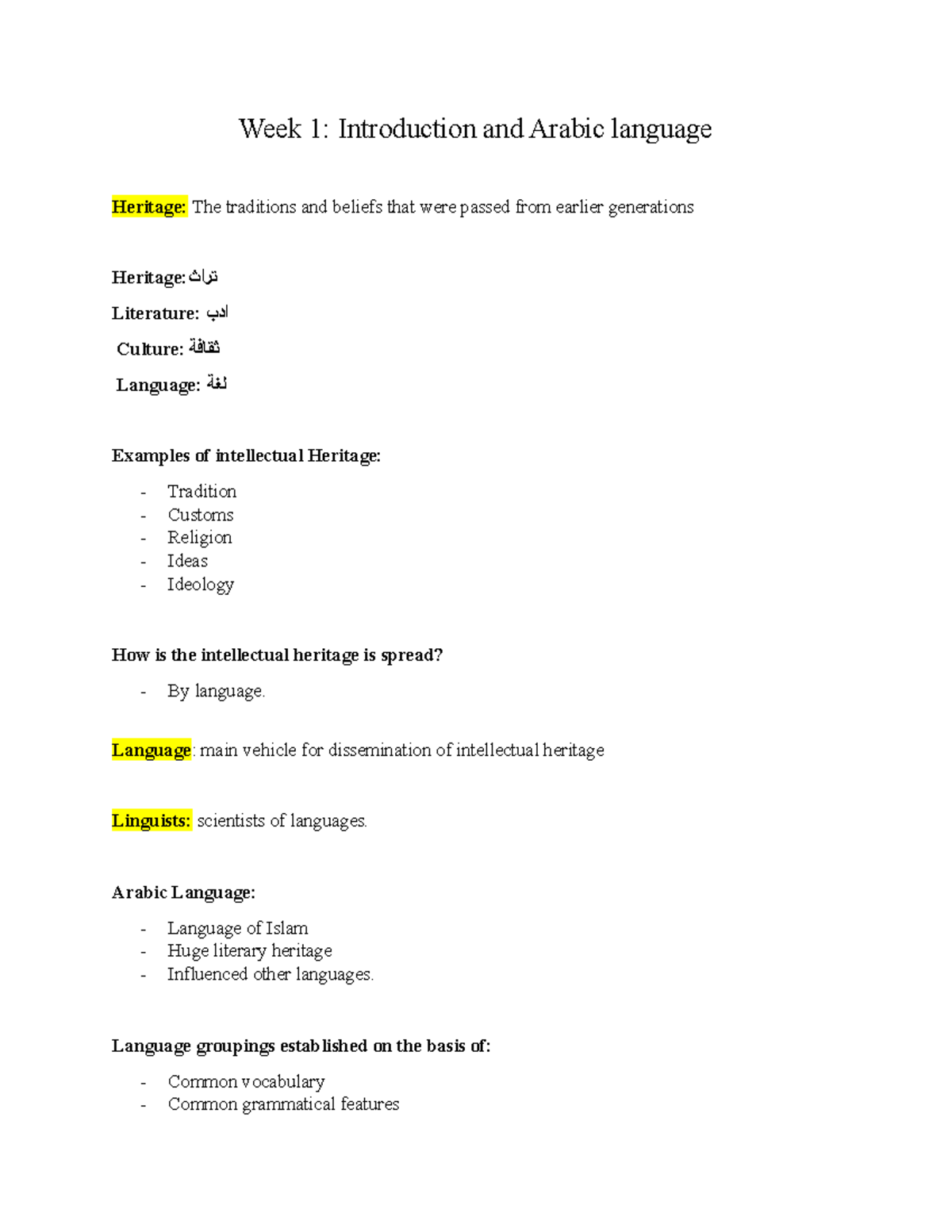 Notes for Arabic Language & Islamic Studies (ARA101) - Weeks 1-7 - Studocu