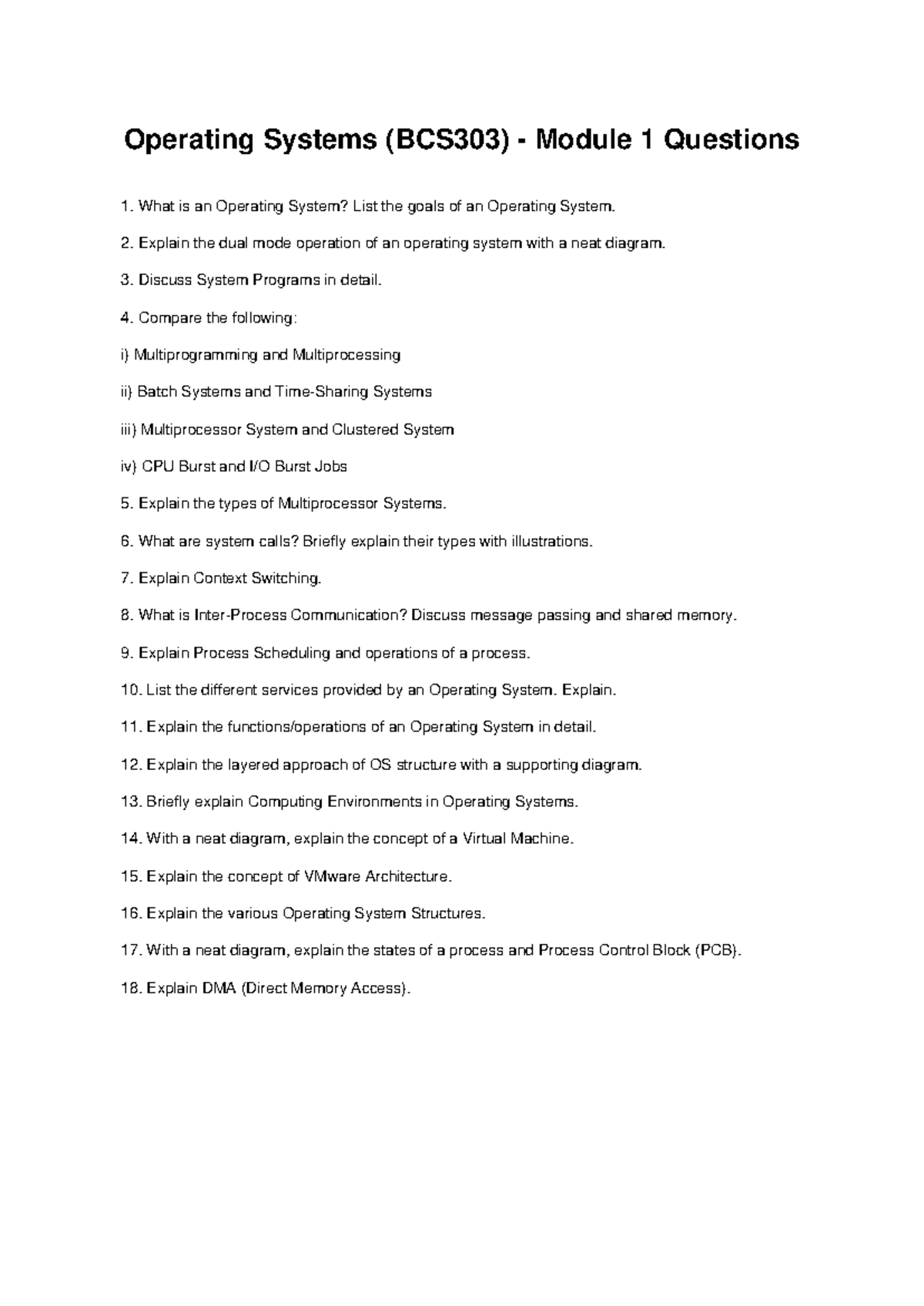 Operating Systems (BCS303) Module 1 Comprehensive Questions - Studocu