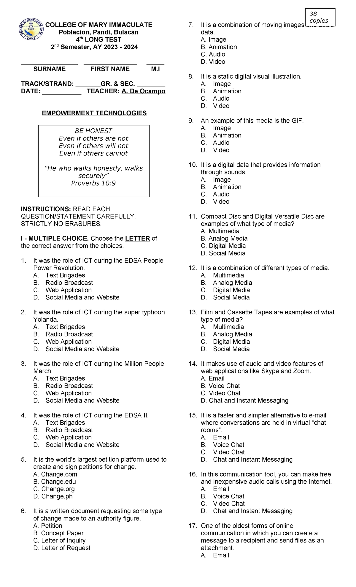 Examination Emtech - COLLEGE OF MARY IMMACULATE Poblacion, Pandi ...