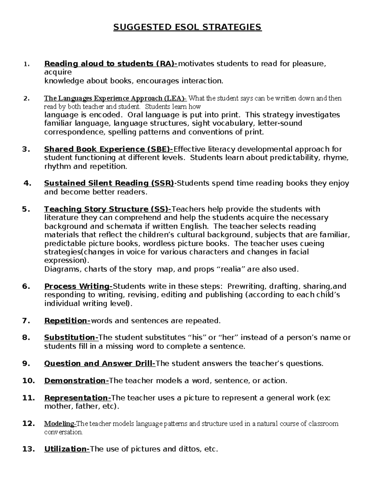 ESOL Strategies - notes - SUGGESTED ESOL STRATEGIES Reading aloud to ...