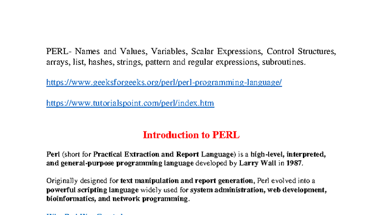 Unit-3: Introduction to PERL Programming Concepts and Features - Studocu