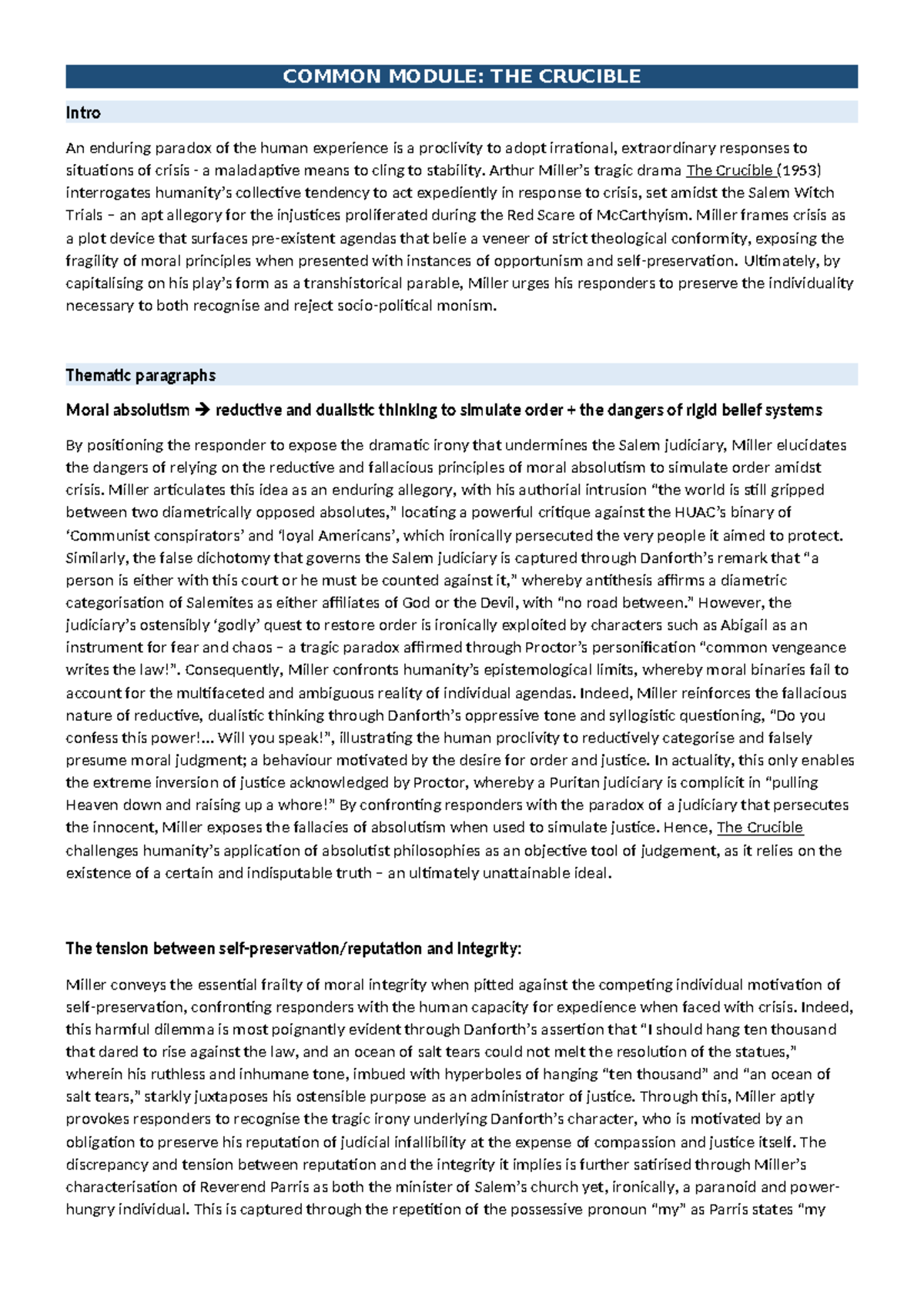 Crucible Generic Paragraphs - COMMON MODULE: THE CRUCIBLE Intro An ...