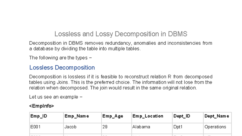 DBMS 101: Lossless vs. Lossy Decomposition Explained - Studocu