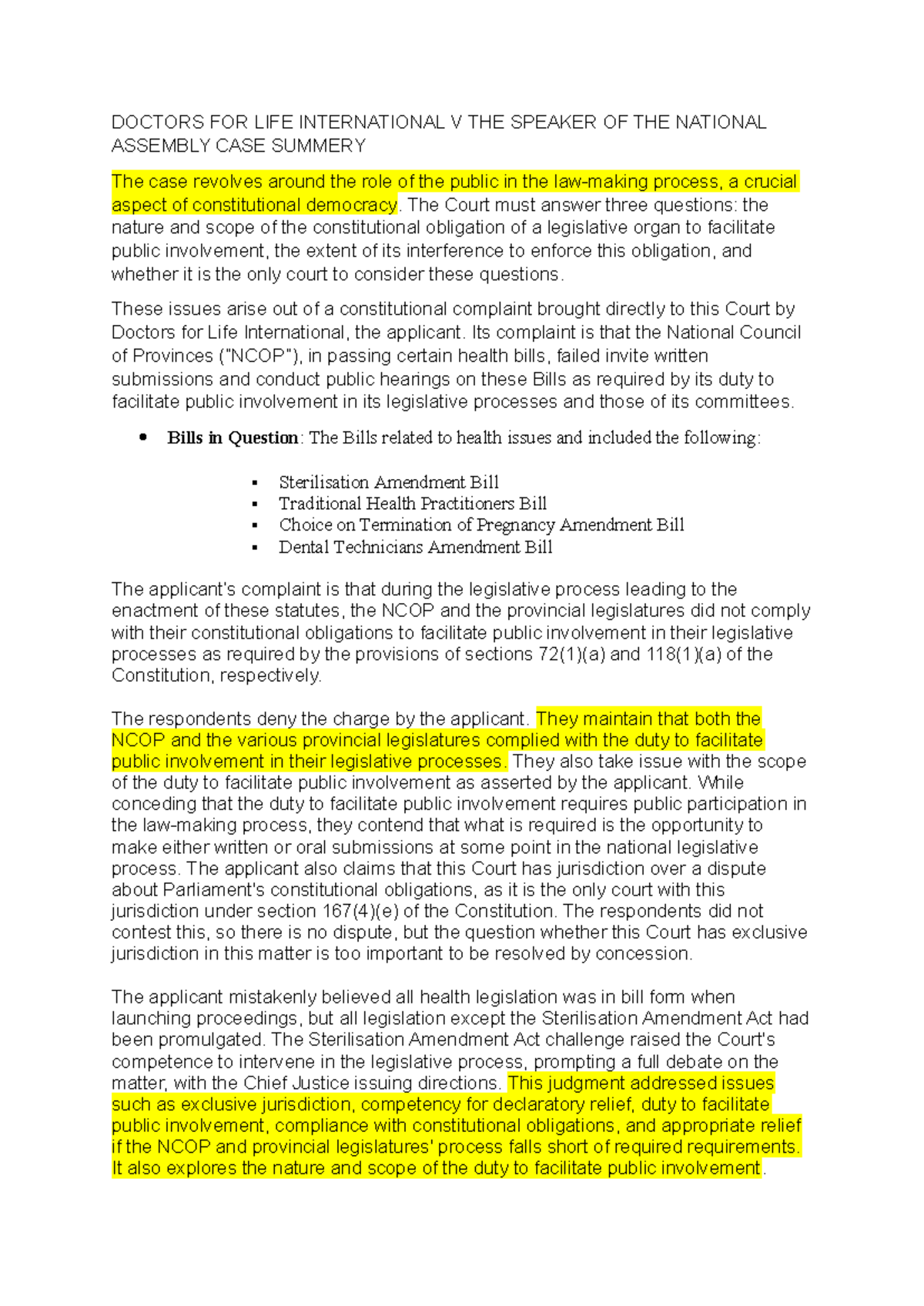 Doctors For Life Case Summary: Public Involvement in Legislation - Studocu