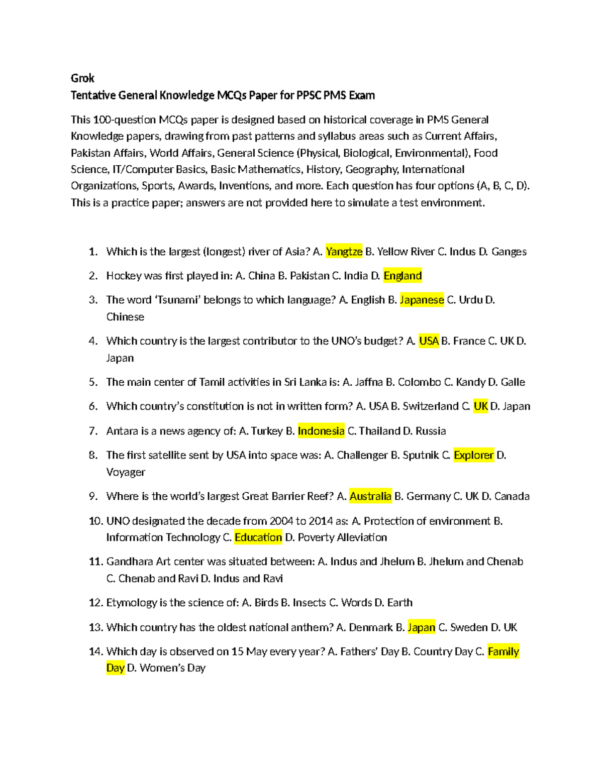 Grok PPSC PMS Exam Tentative General Knowledge MCQs Paper - Studocu