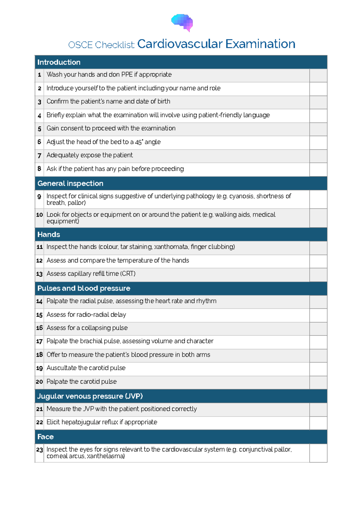 OSCE Checklist for Cardiovascular Examination (Version 2) - Studocu