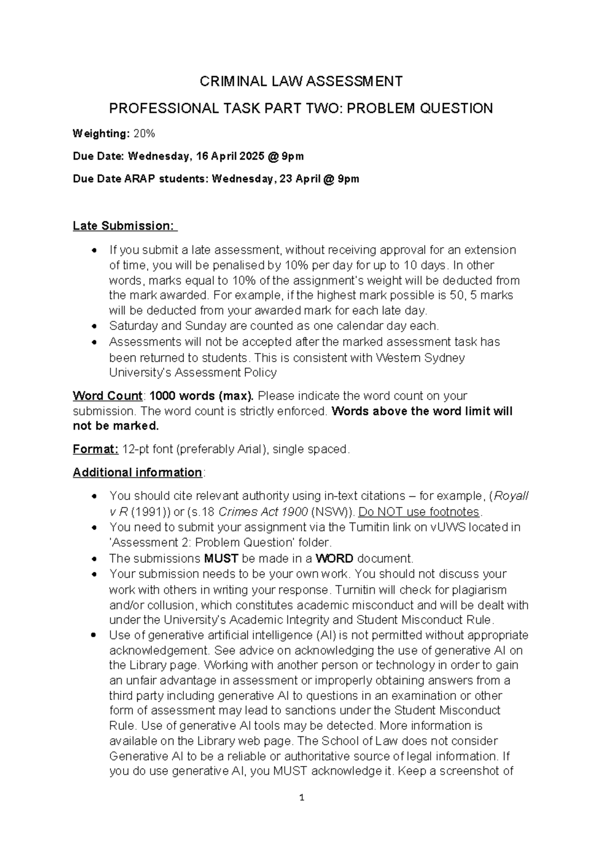 Criminal Law Problem Question 9 April 2025 v UWS - CRIMINAL LAW ...