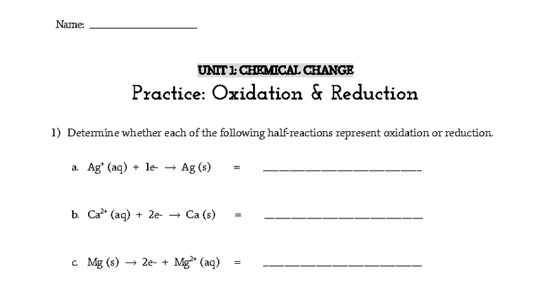 Practice Oxidation & Reduction - Name: ______________________ UNIT 1 ...