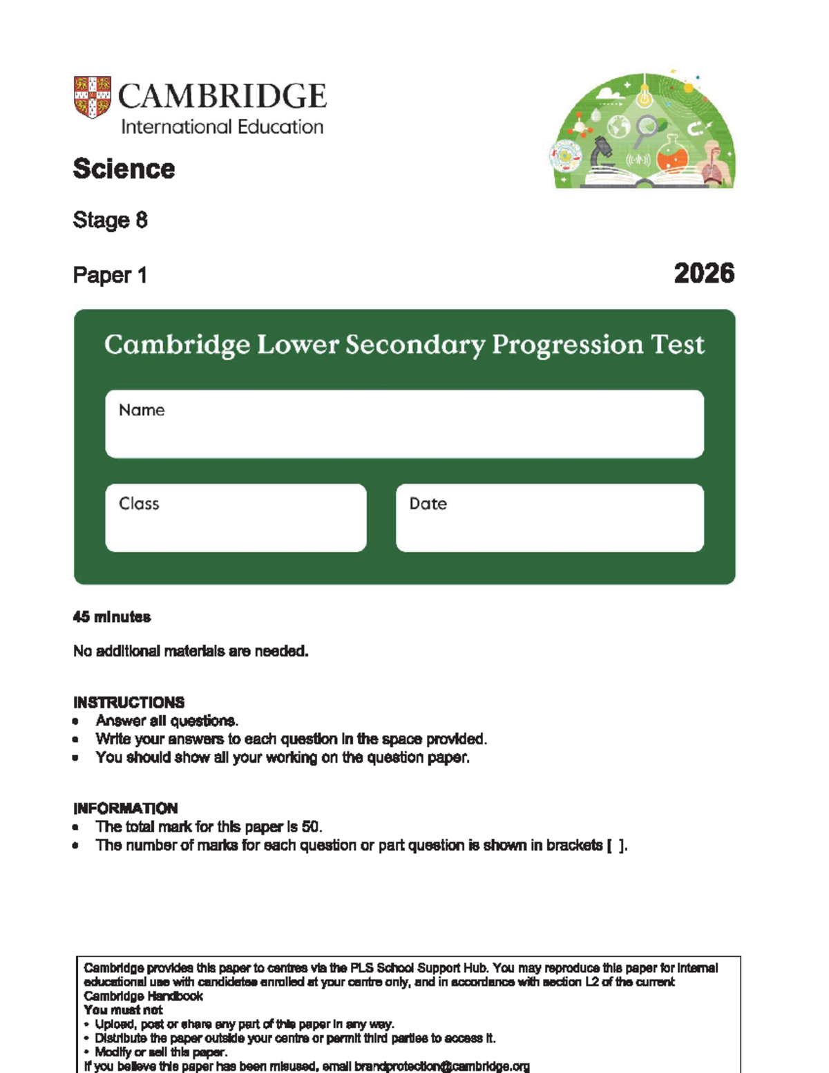 Cambridge Checkpoint Stage 8 Science Paper 1 Progression Test 2026 ...
