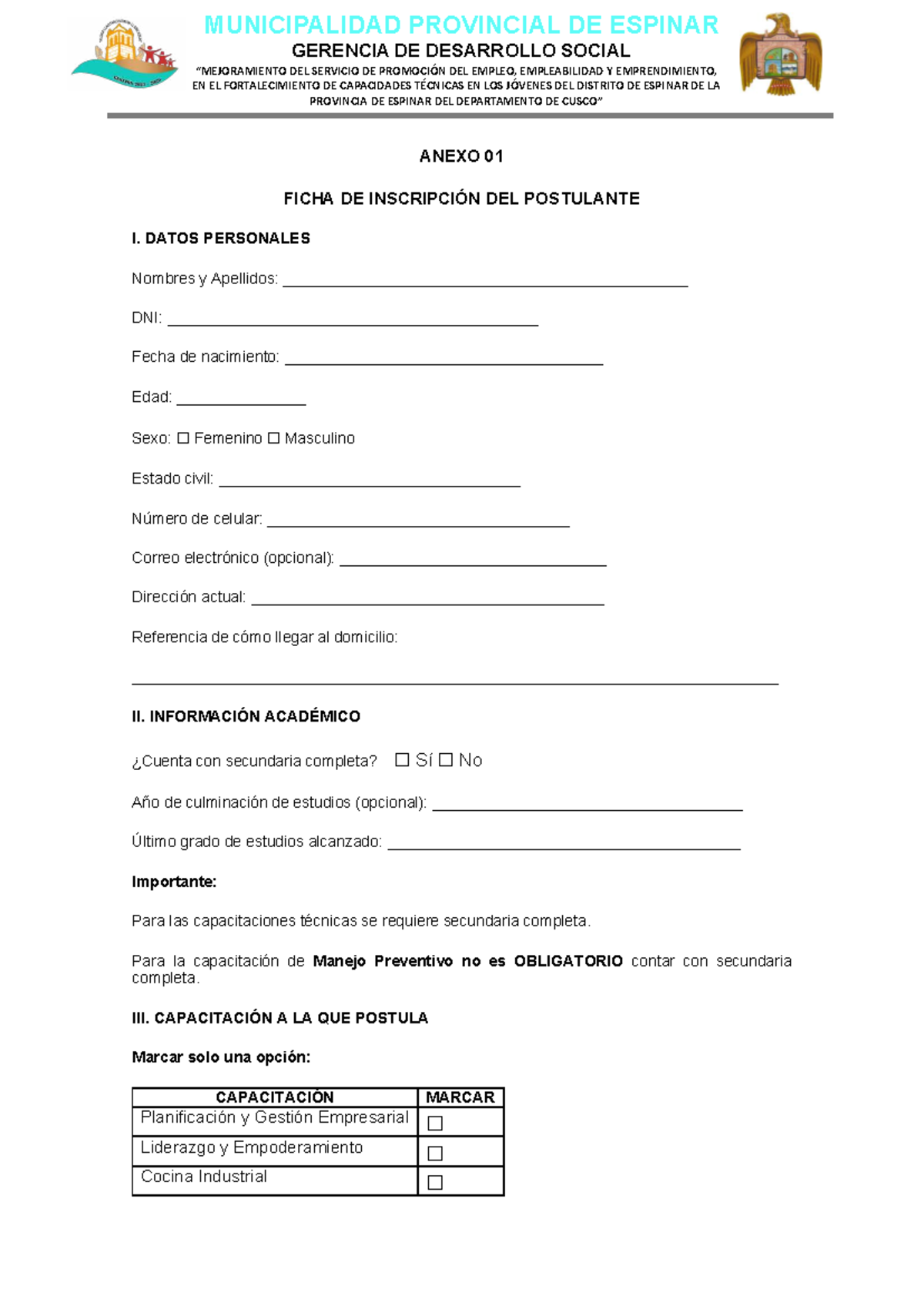 Convocatoria Proyecto de Capacitación para Jóvenes - Espinar - Studocu