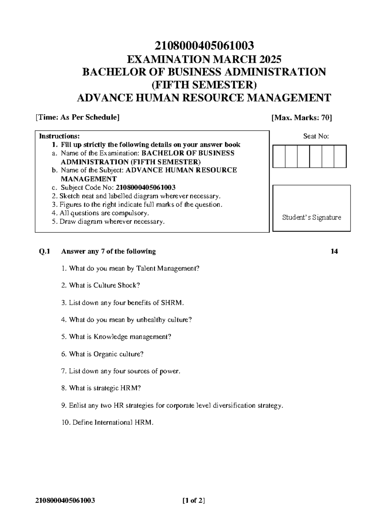 BBA 5th Sem Exam March 2025: Advanced HRM Question Paper - Studocu