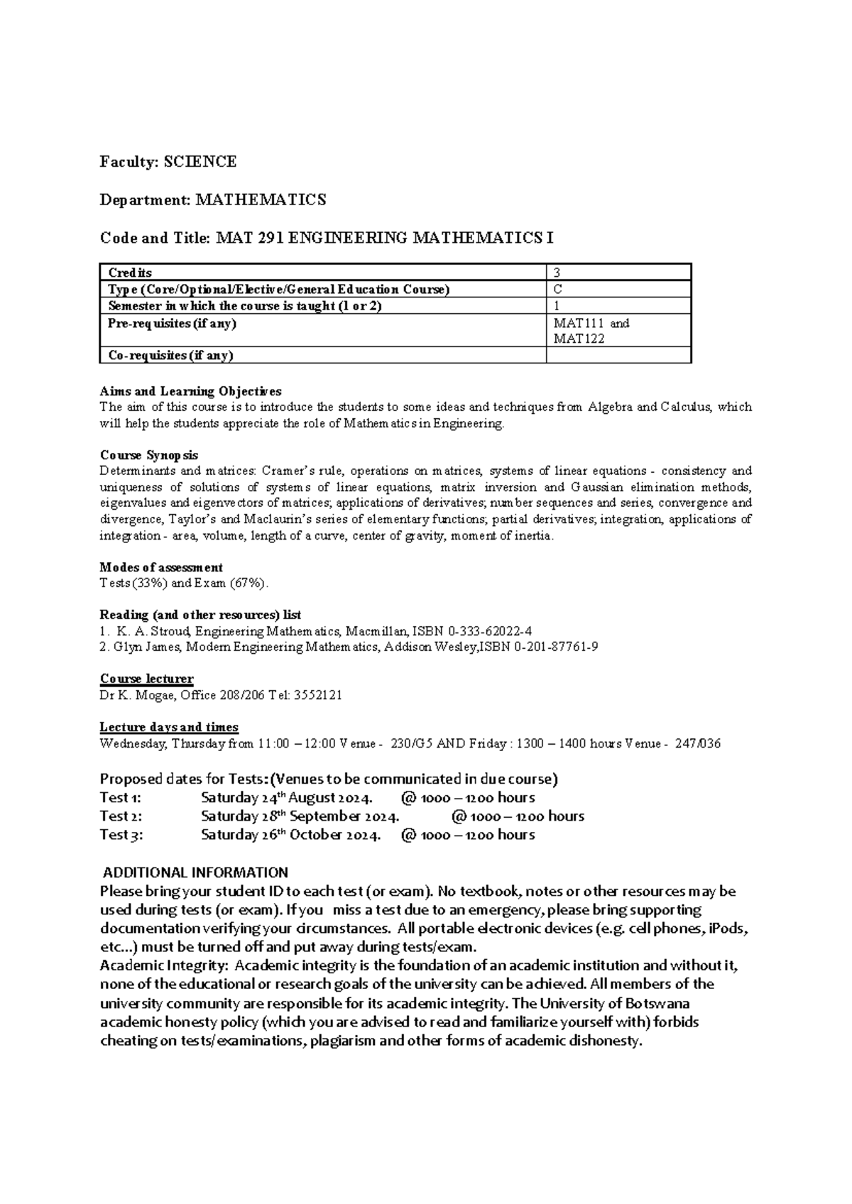 MAT 291 Engineering Mathematics I Course Outline and Overview - Studocu