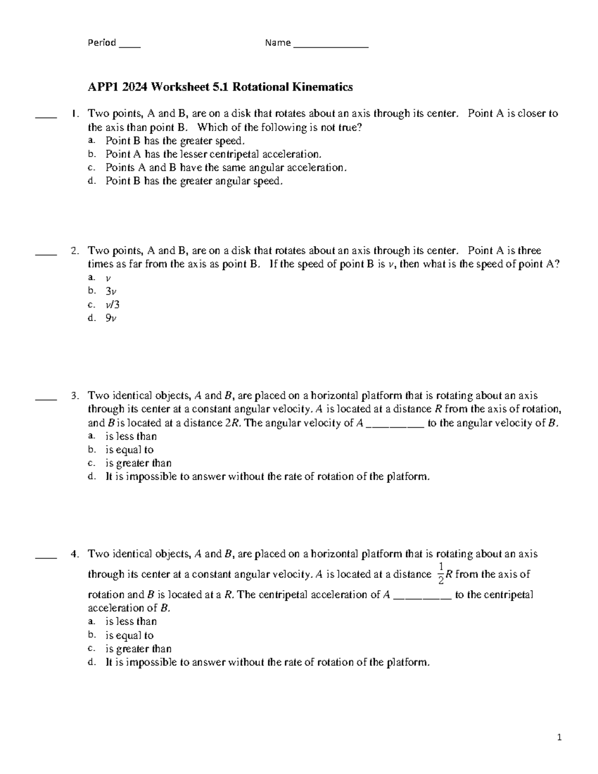 APP1 2024 Worksheet 5 - Practice on Rotational Kinematics for AP Course ...