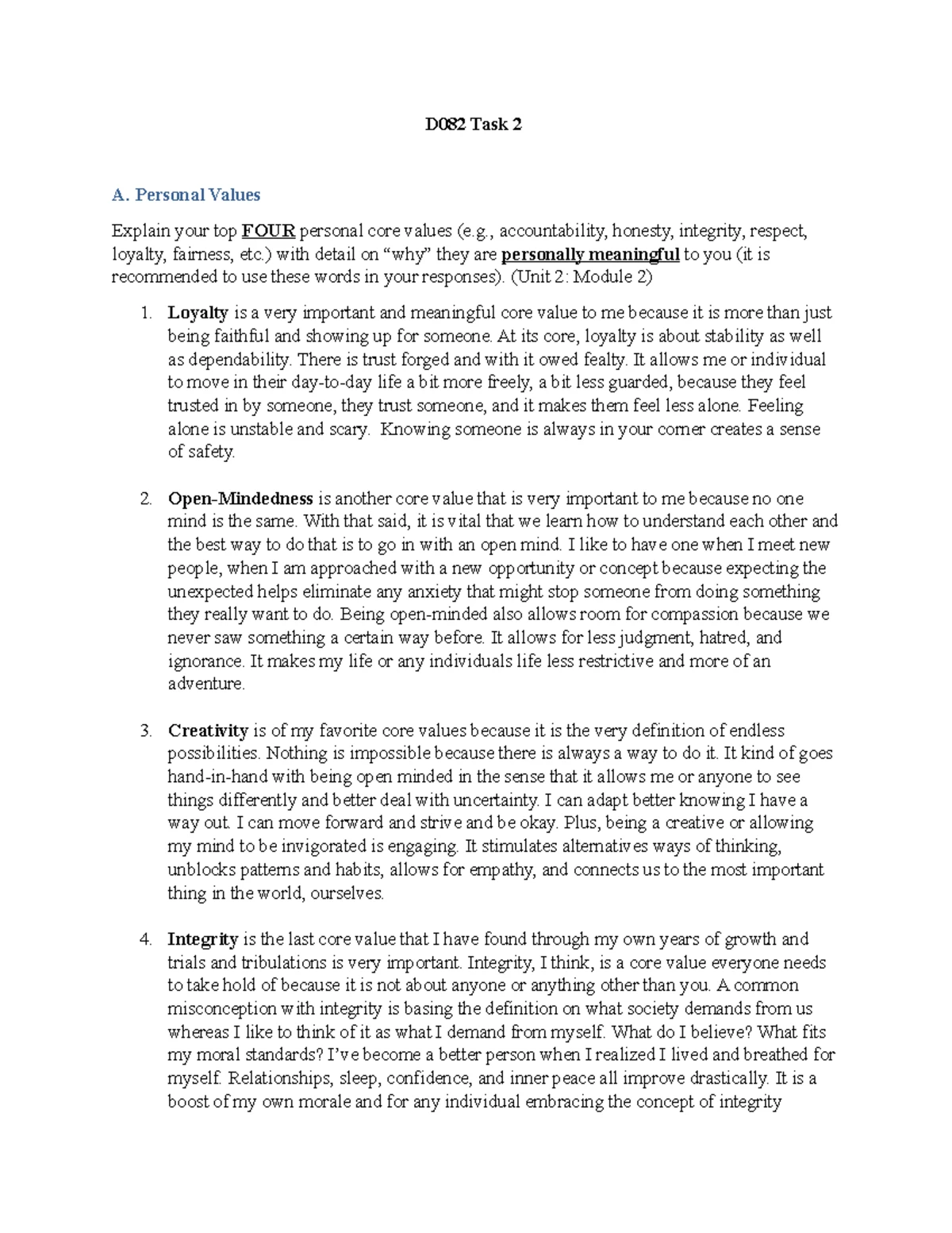 D082 Task 2 WGU - Personal Core Values and Company Alignment Analysis - Studocu