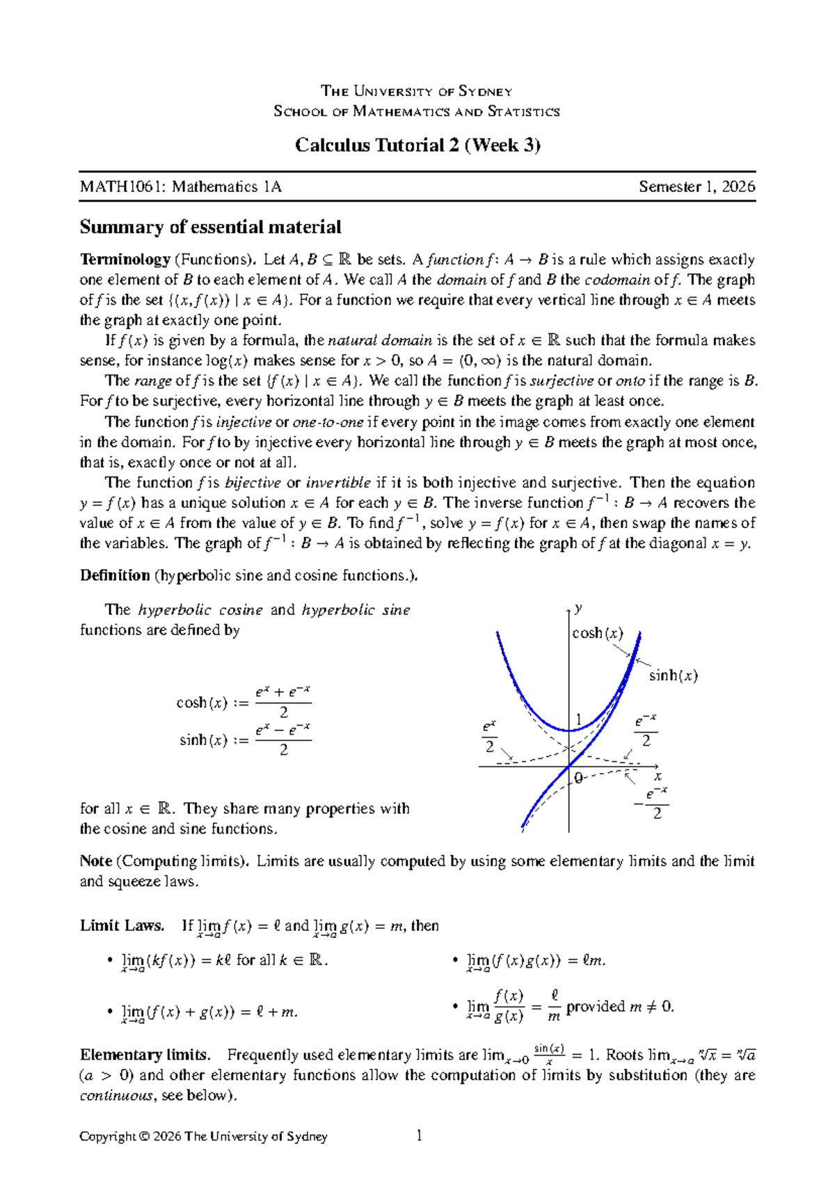 MATH1061: Calculus Tutorial 2 (Week 3) Summary of Functions - Studocu