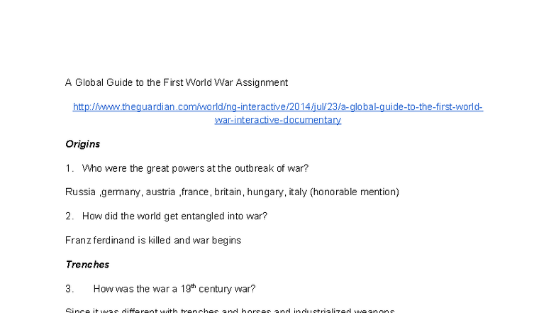 A Global Guide to WWI: Key Origins and Impacts Assignment - Studocu