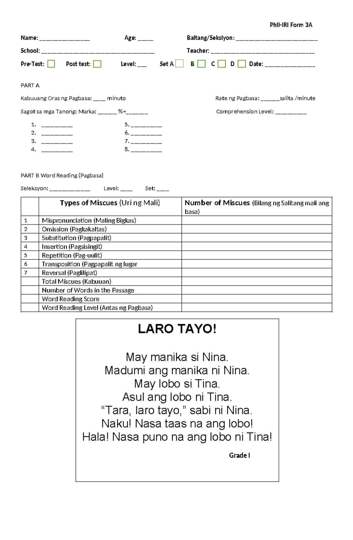 Phil-IRI Post Test Report for Grades I to VI – Form 3A & 3B - Studocu