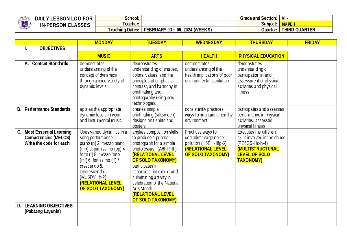 Daily Lesson Log - DAILY LESSON LOG FOR IN-PERSON CLASSES School: Grade ...