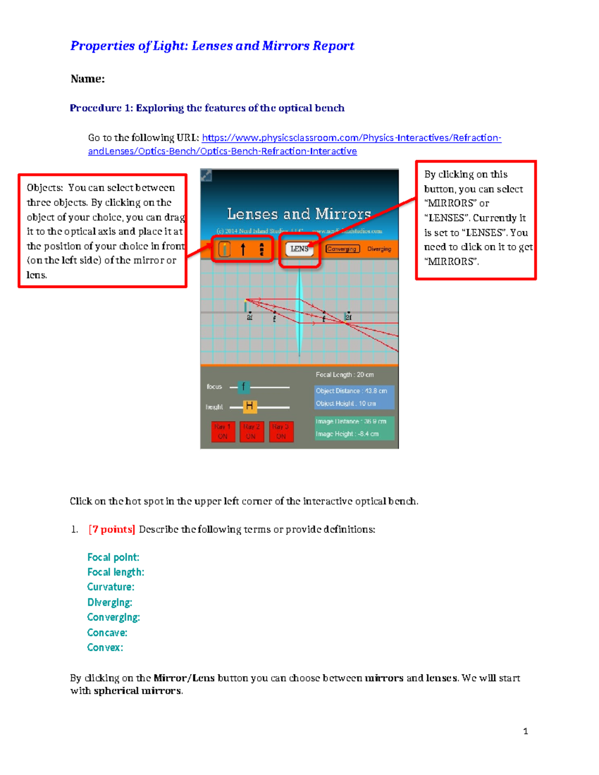 Properties of Light: Lenses and Mirrors Lab Report for PHYS101 - Studocu