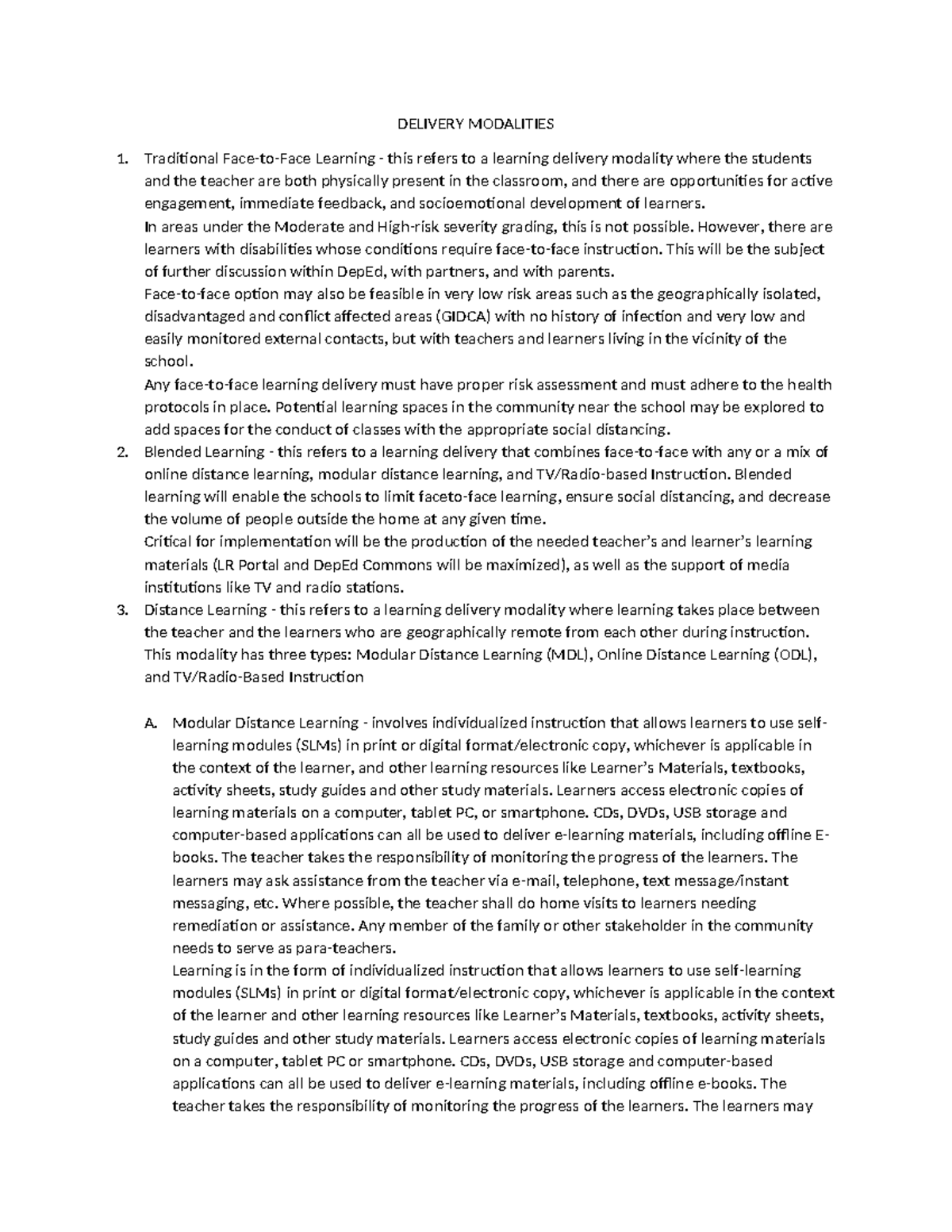 Unit 3 Lesson 1: Overview of Delivery Modalities in Education - Studocu