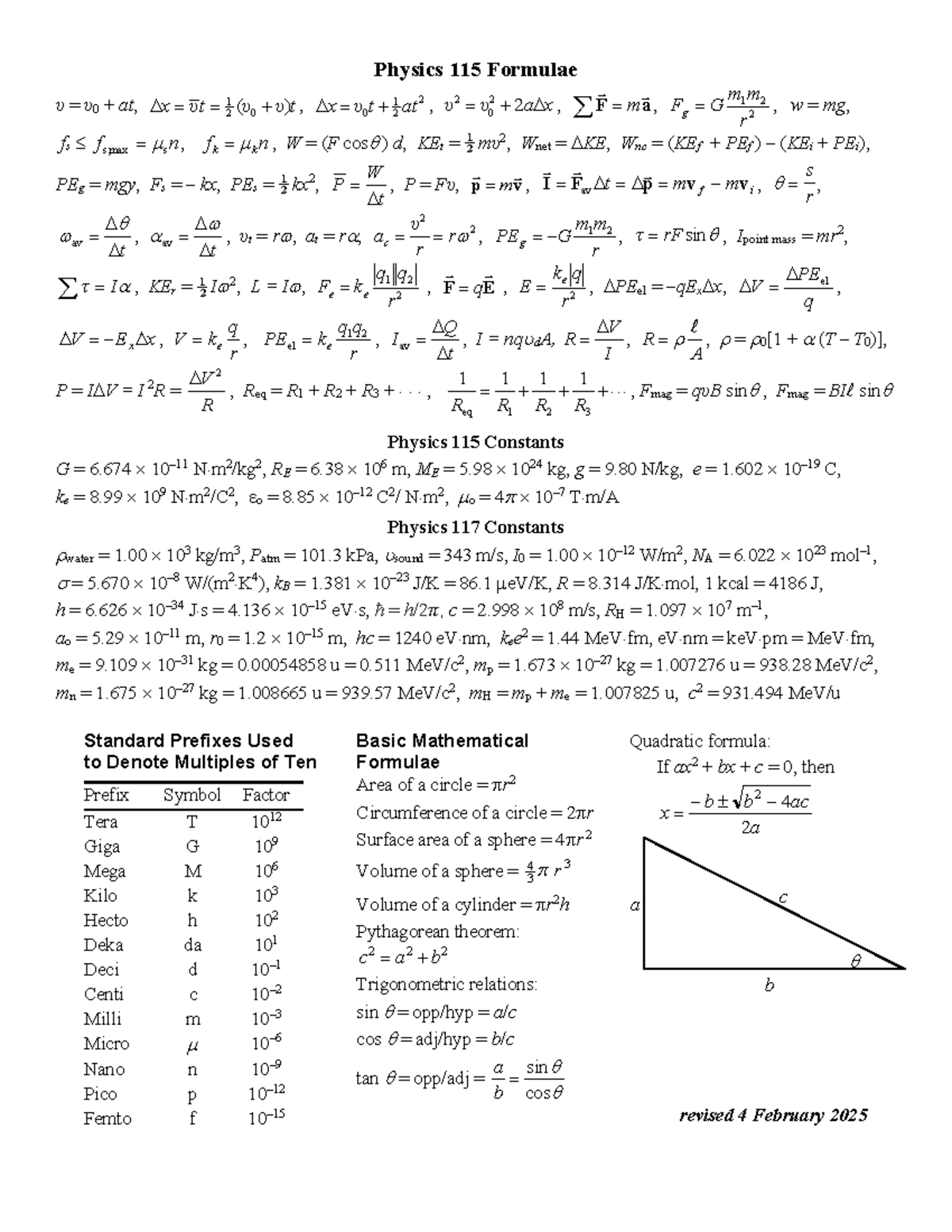 Physics 115-117 Formulae Sheet - February 2025 Review - Studocu