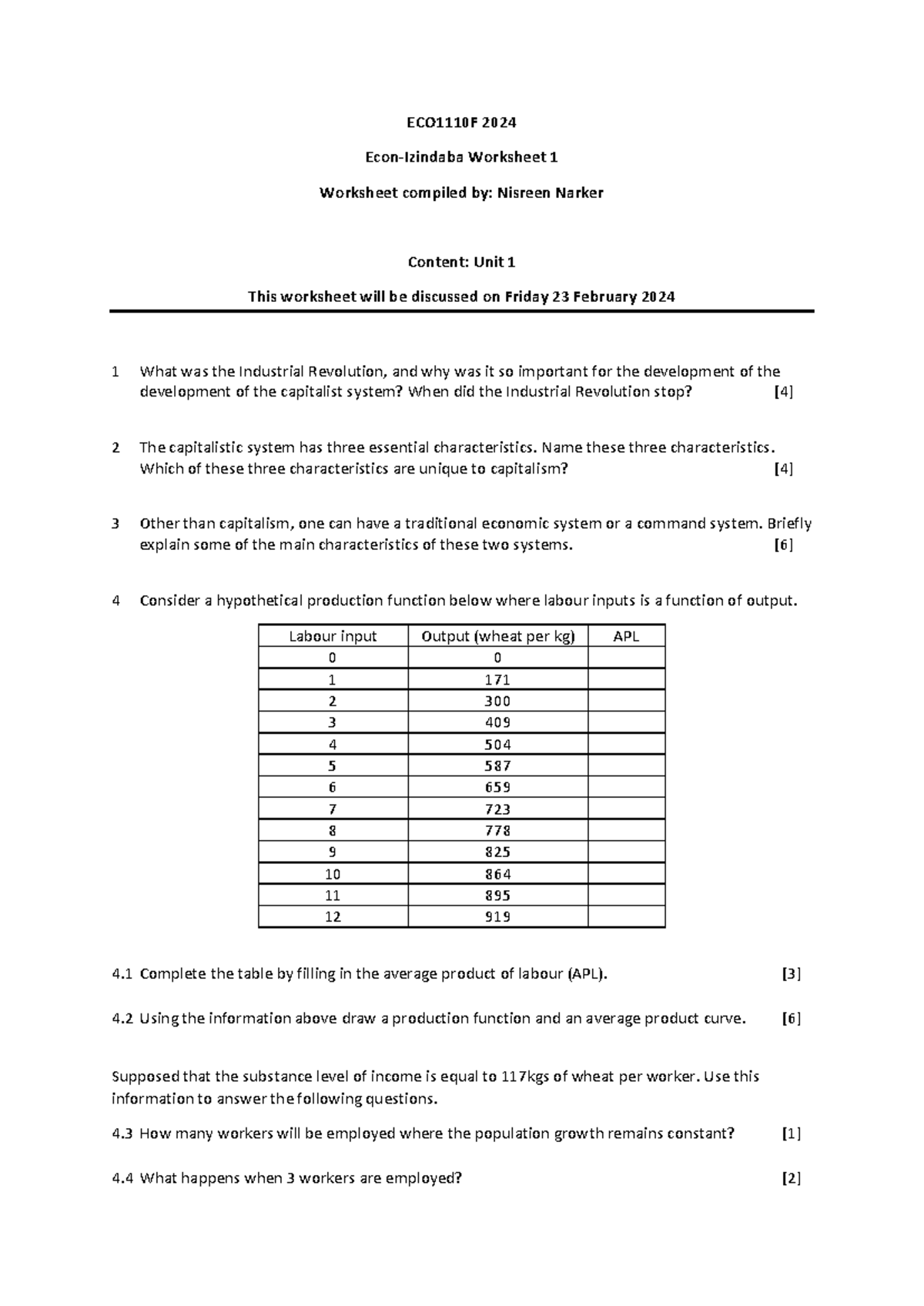 Econ-Izindaba Worksheet 1: Industrial Revolution & Economic Systems ...