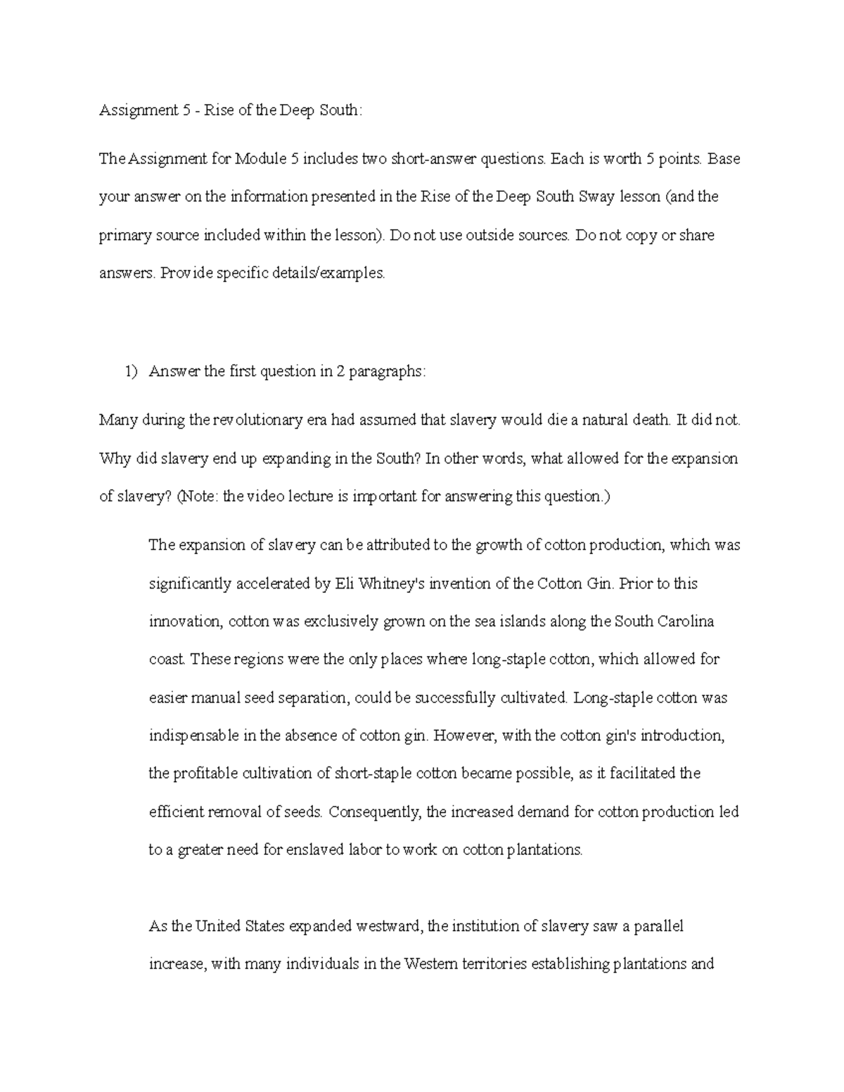 AMH2010 Assignment 5 - Analysis of Slavery's Expansion in the South ...