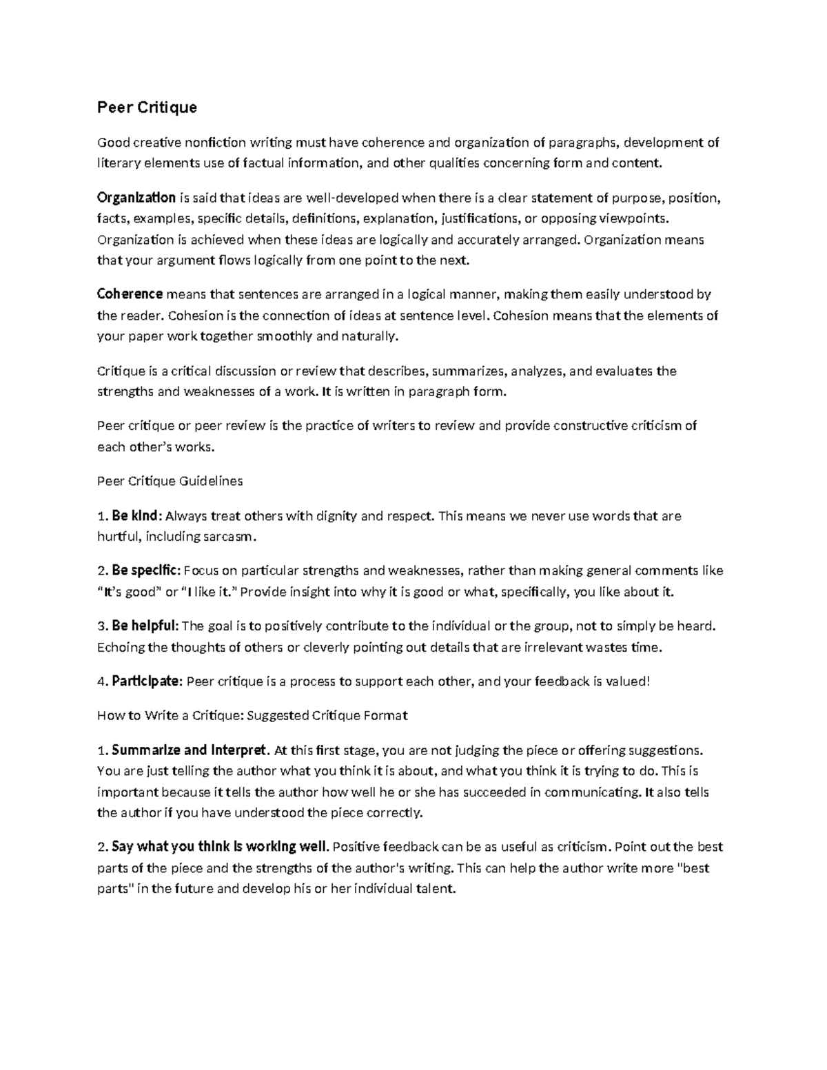 Peer Critique Guidelines and Writing Activity (ENG 201) - Studocu