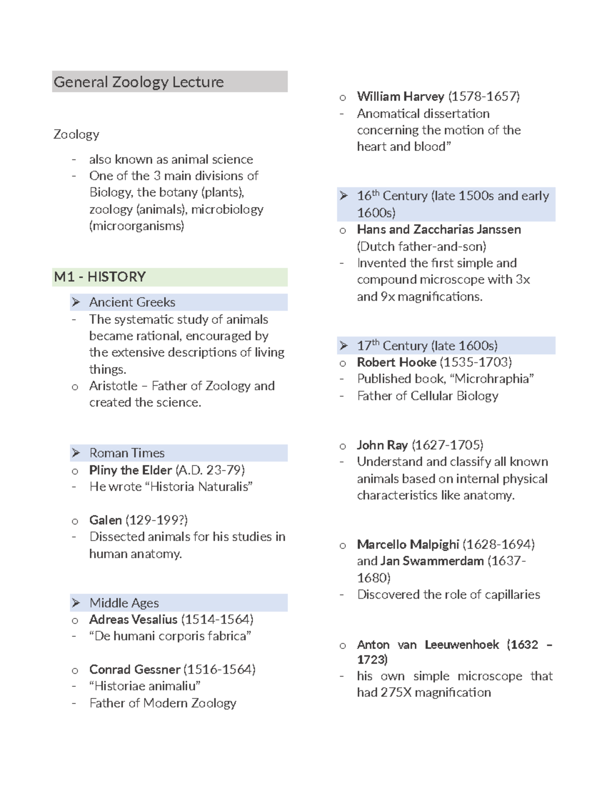 General Zoology Lecture Review for M1-M3 у - Studocu