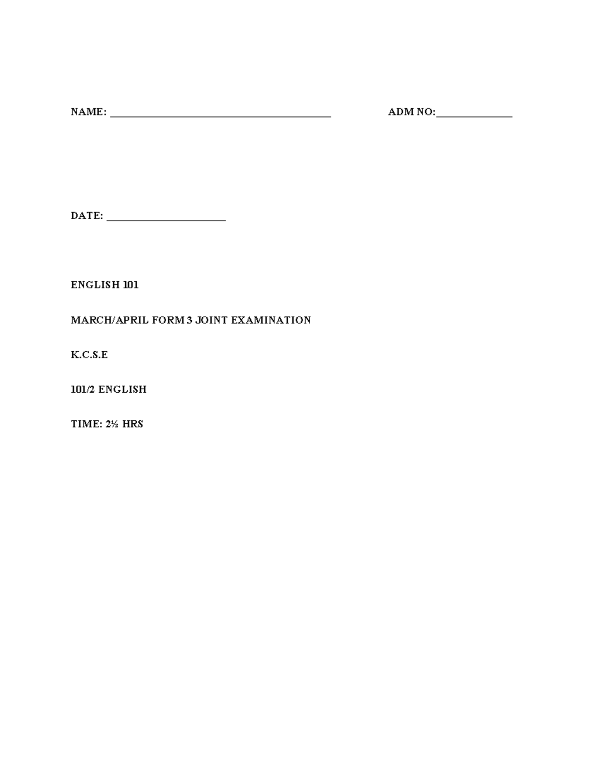 English 101: K.C.S.E Form 3 Joint Exam Paper 2 Analysis - Studocu