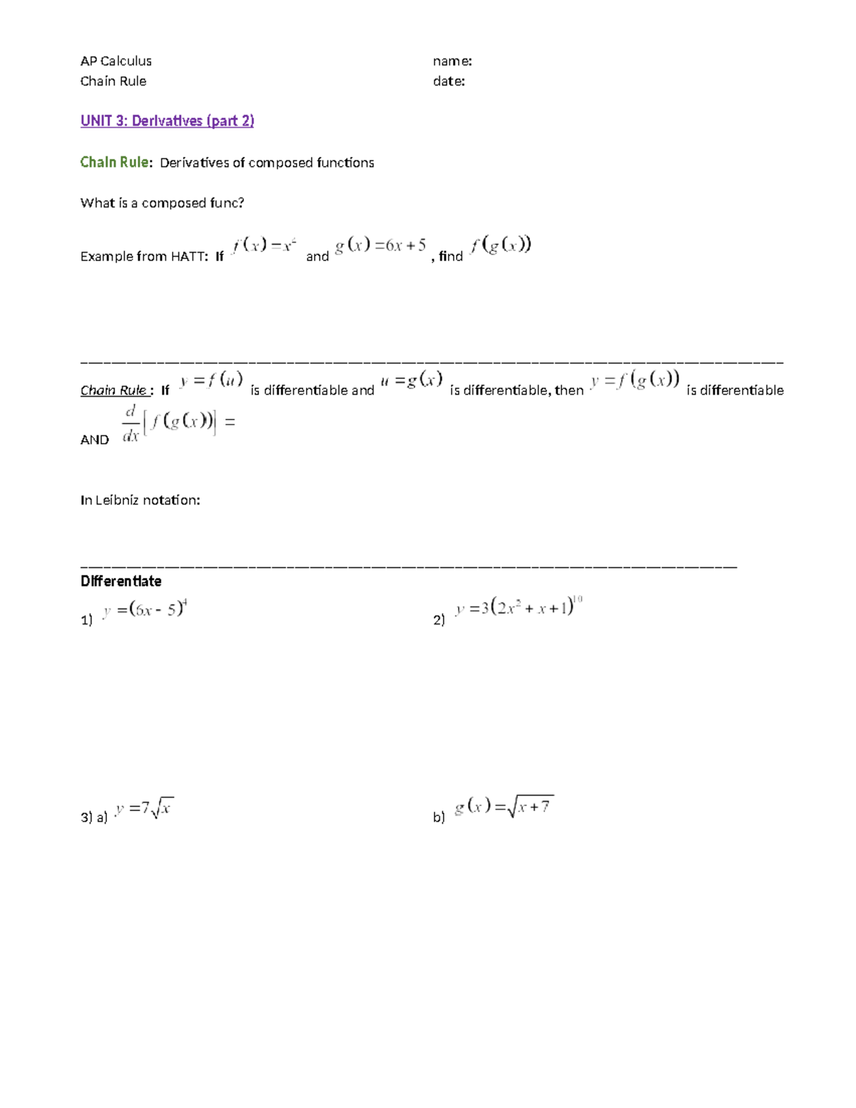 1 chain rule - none - AP Calculus name: Chain Rule date: UNIT 3 ...