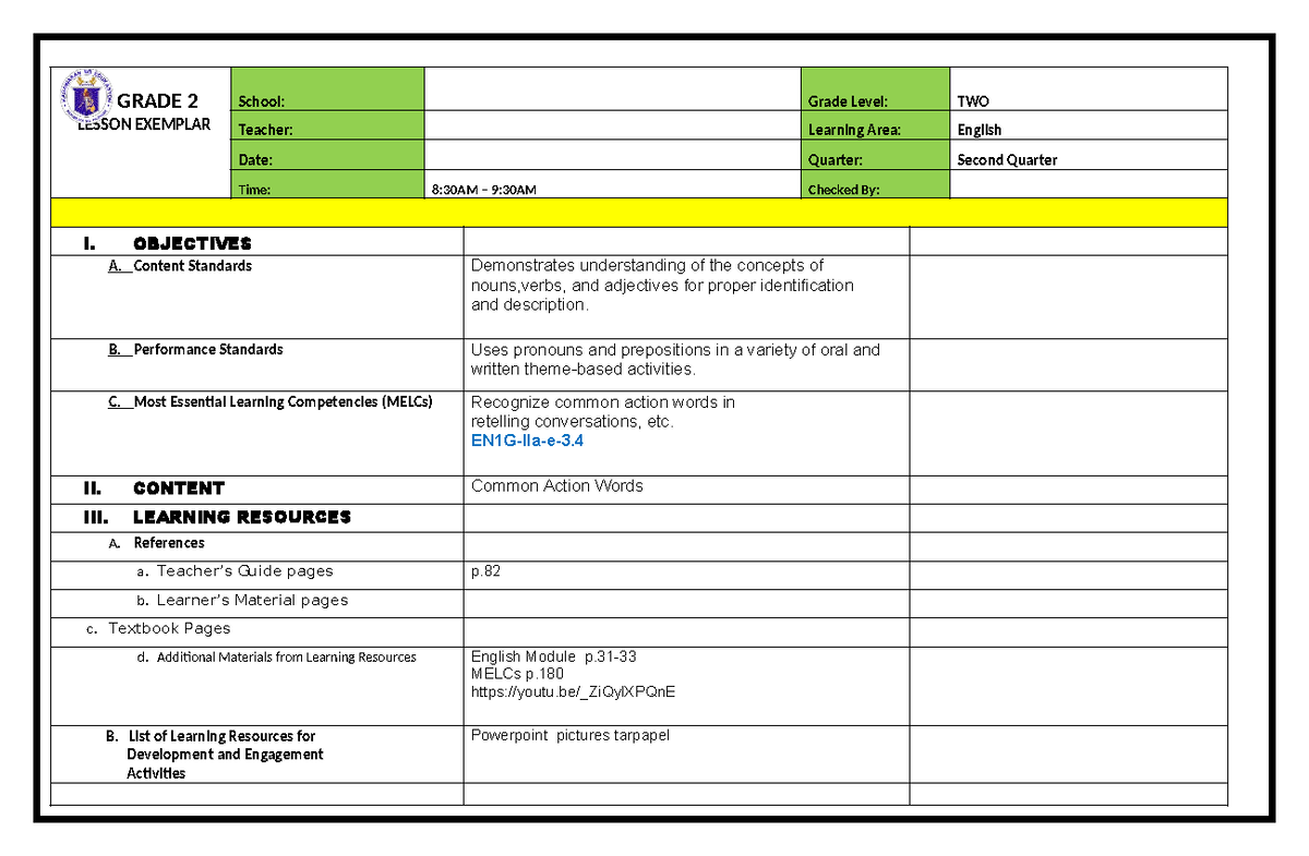COT 1 Lesson Exemplar on Common Action Words for Grade 2 English - Studocu