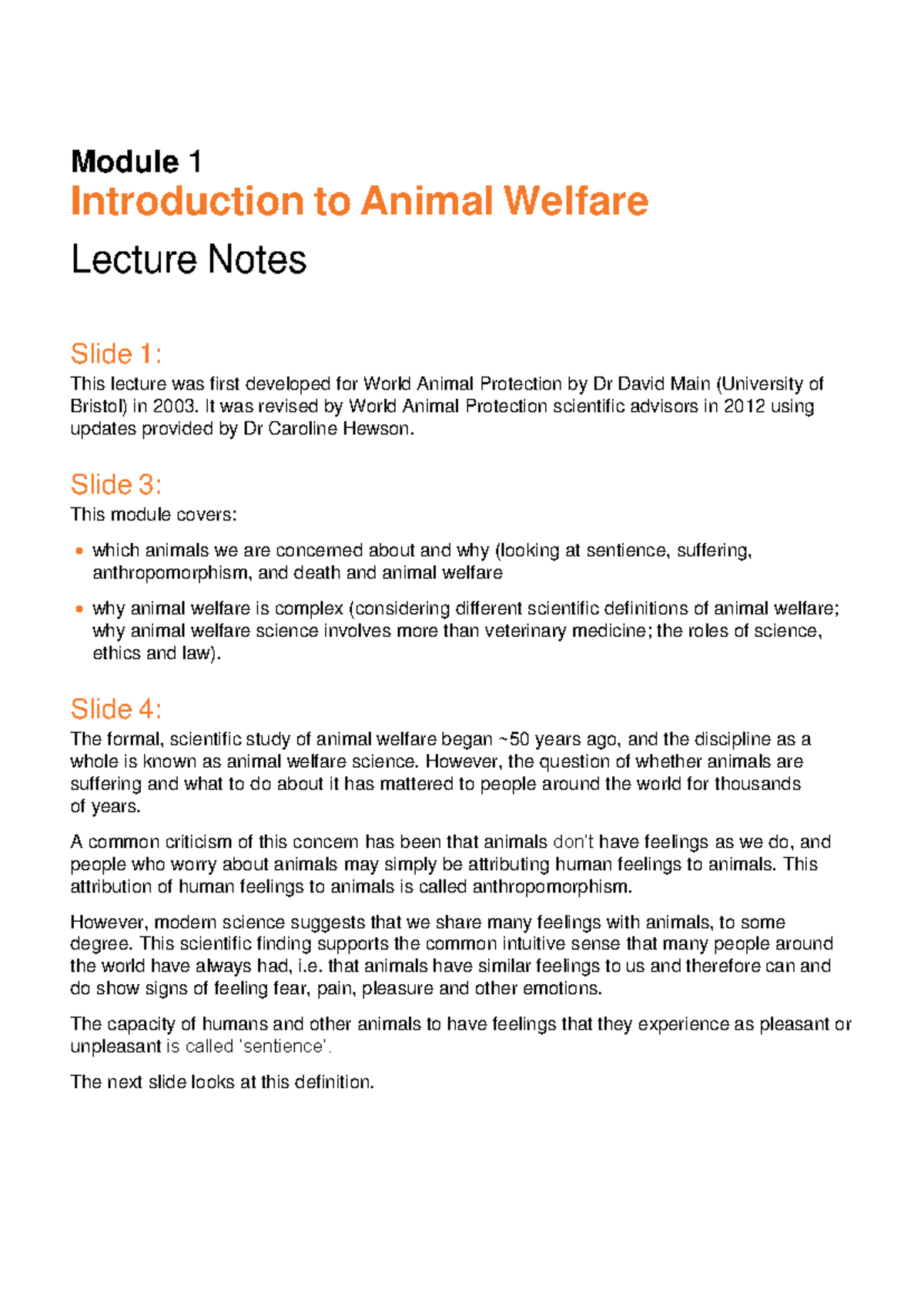 Animal Health (AH101) - Lecture Notes on Animal Welfare Module 1 - Studocu