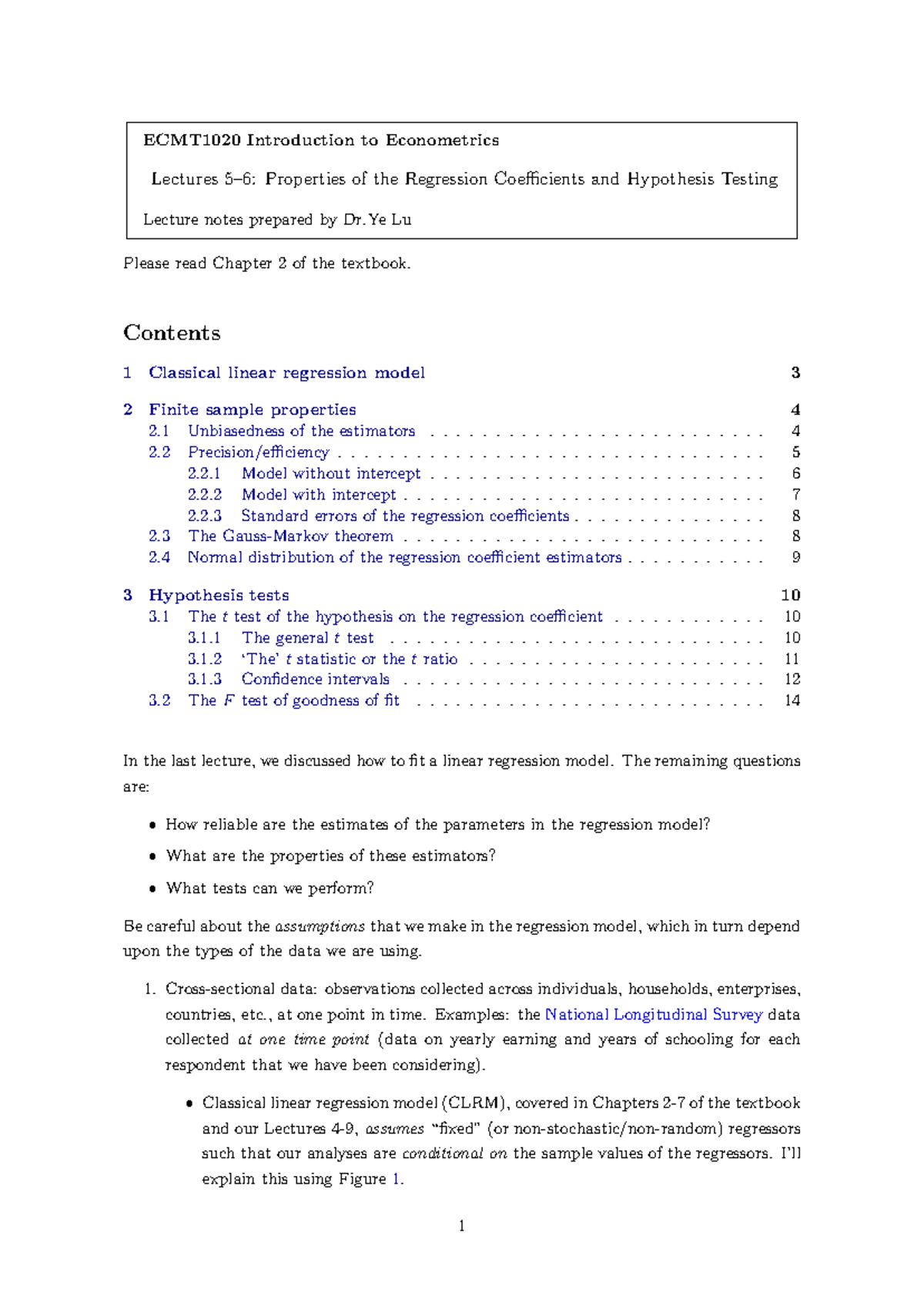 ECMT1020 Lecture Notes: Properties of Regression Coefficients ...