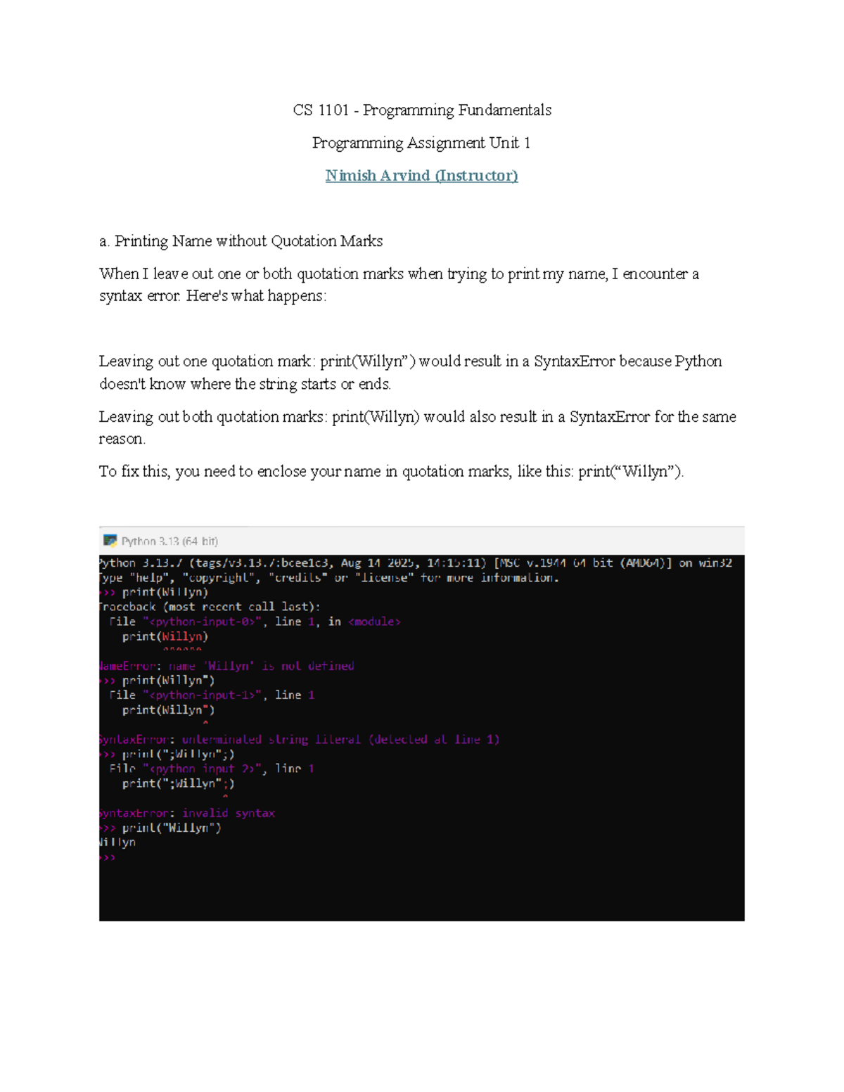 CS 1101 - Programming Fundamentals: Assignment 1 Overview - Studocu