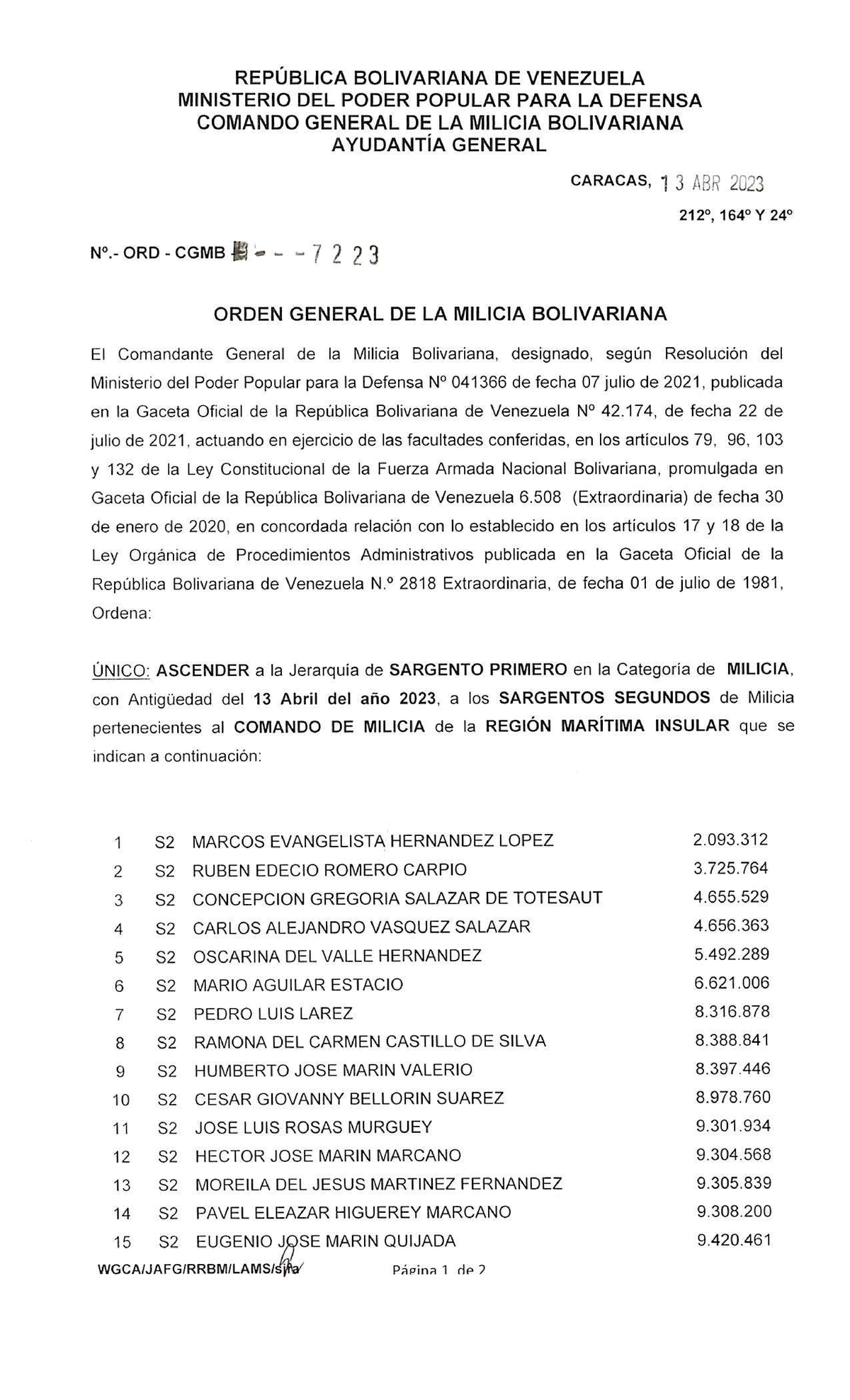 Orden General de Ascenso a Sargento Primero - Milicia Bolivariana - Studocu