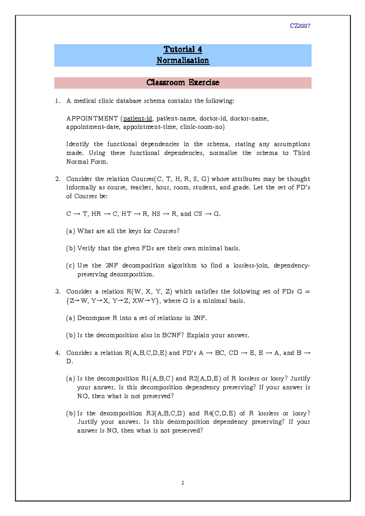 CZ2007 Tutorial 4: Normalisation and Database Schema Exercises - Studocu
