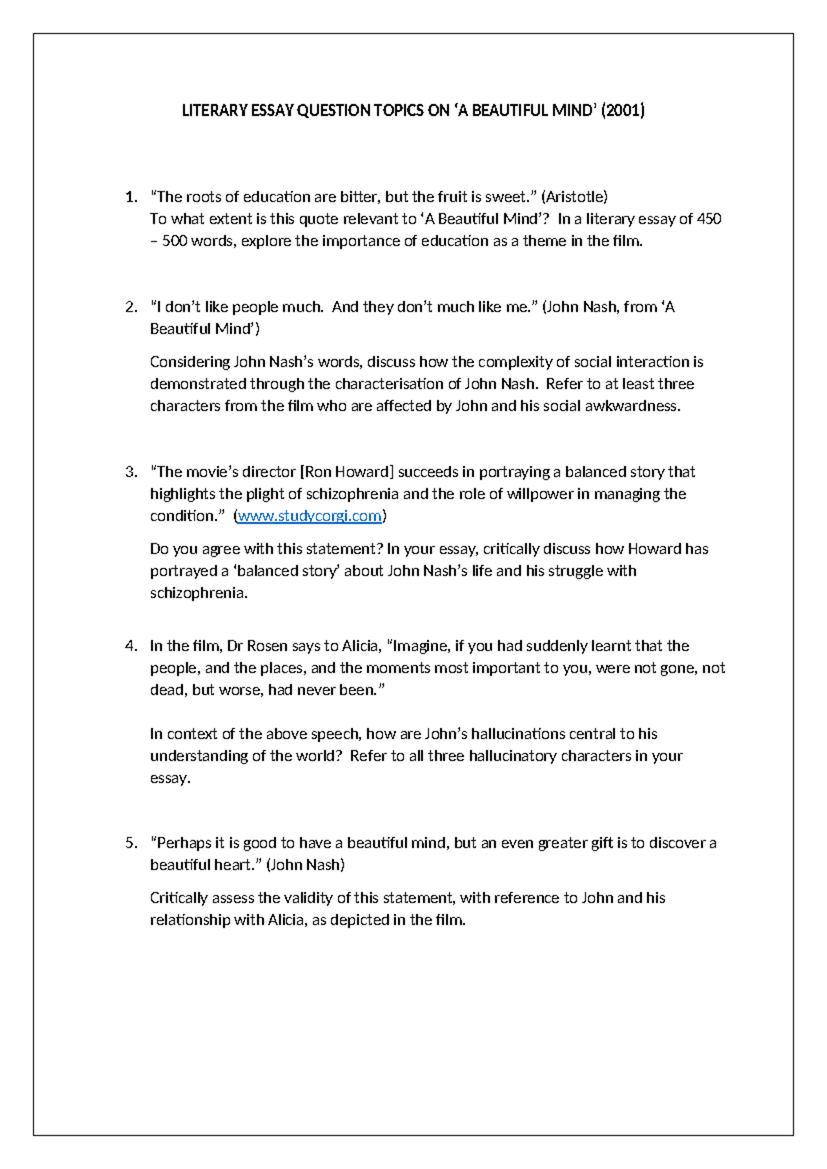 Literary Essay Topics on "Beautiful" (2001) - ABM - Studocu