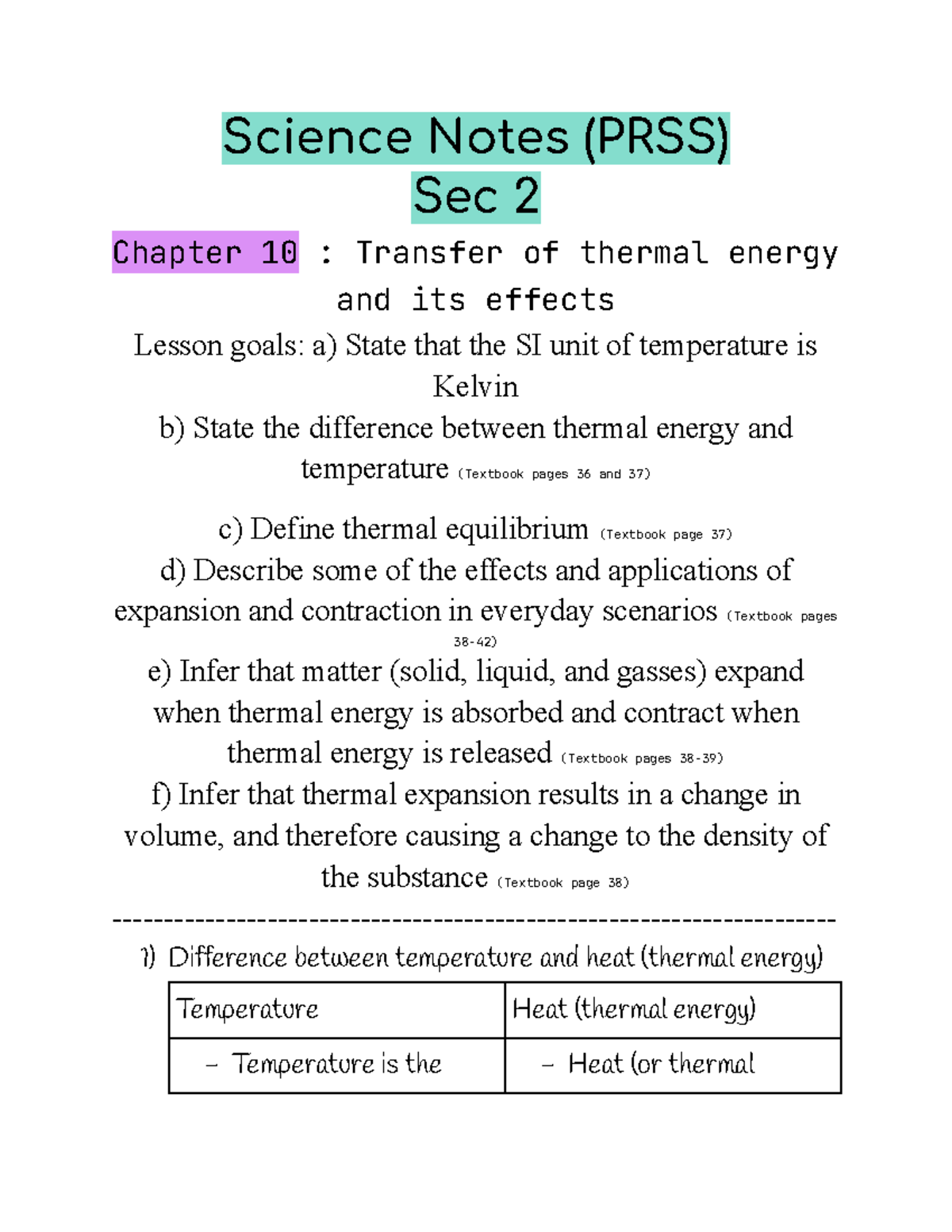 Science Notes (PRSS) Sec 2: Thermal Energy Transfer & Effects - Studocu