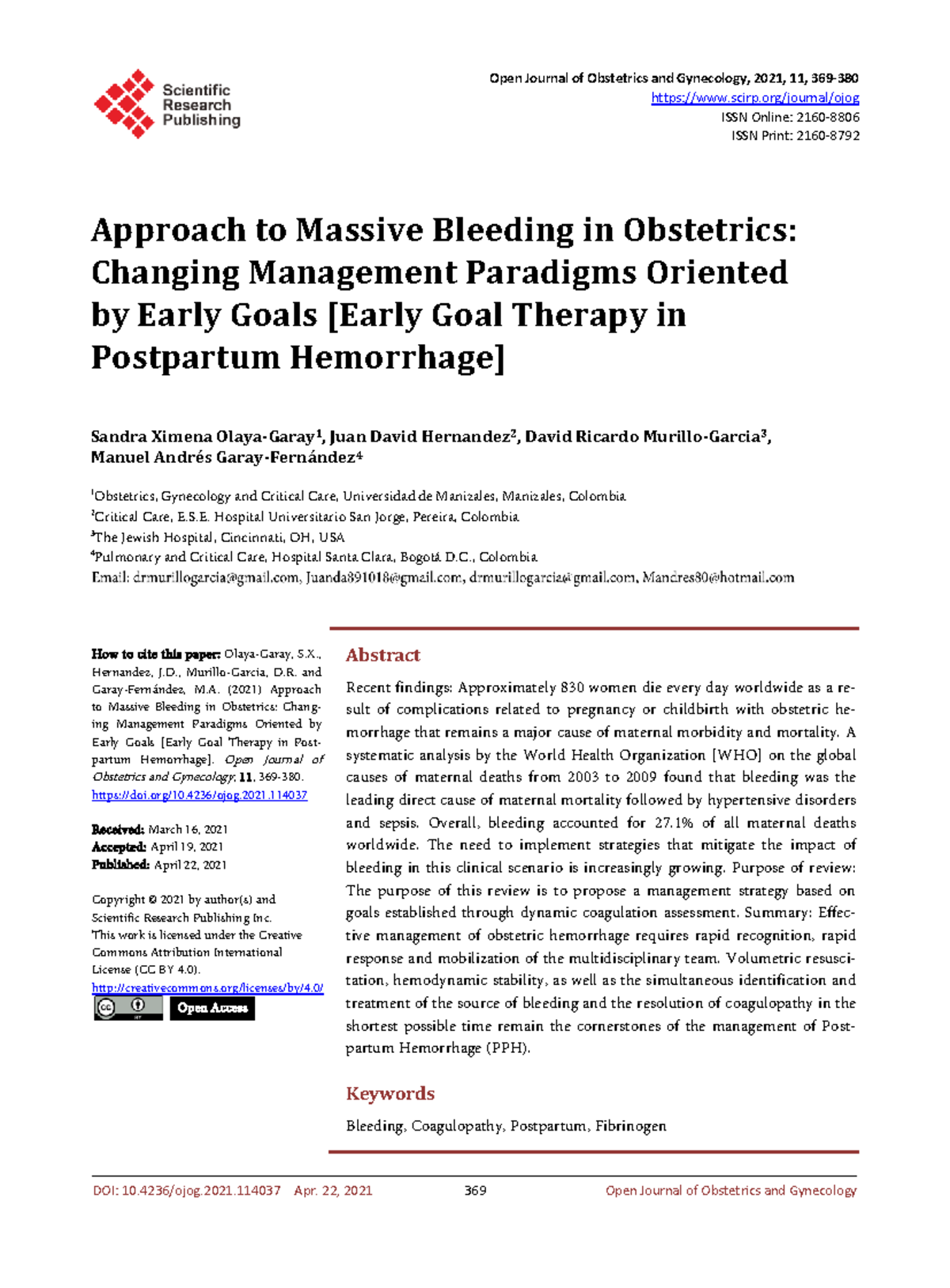 Approach to Massive Bleeding in Obstetrics: Management Paradigms and ...