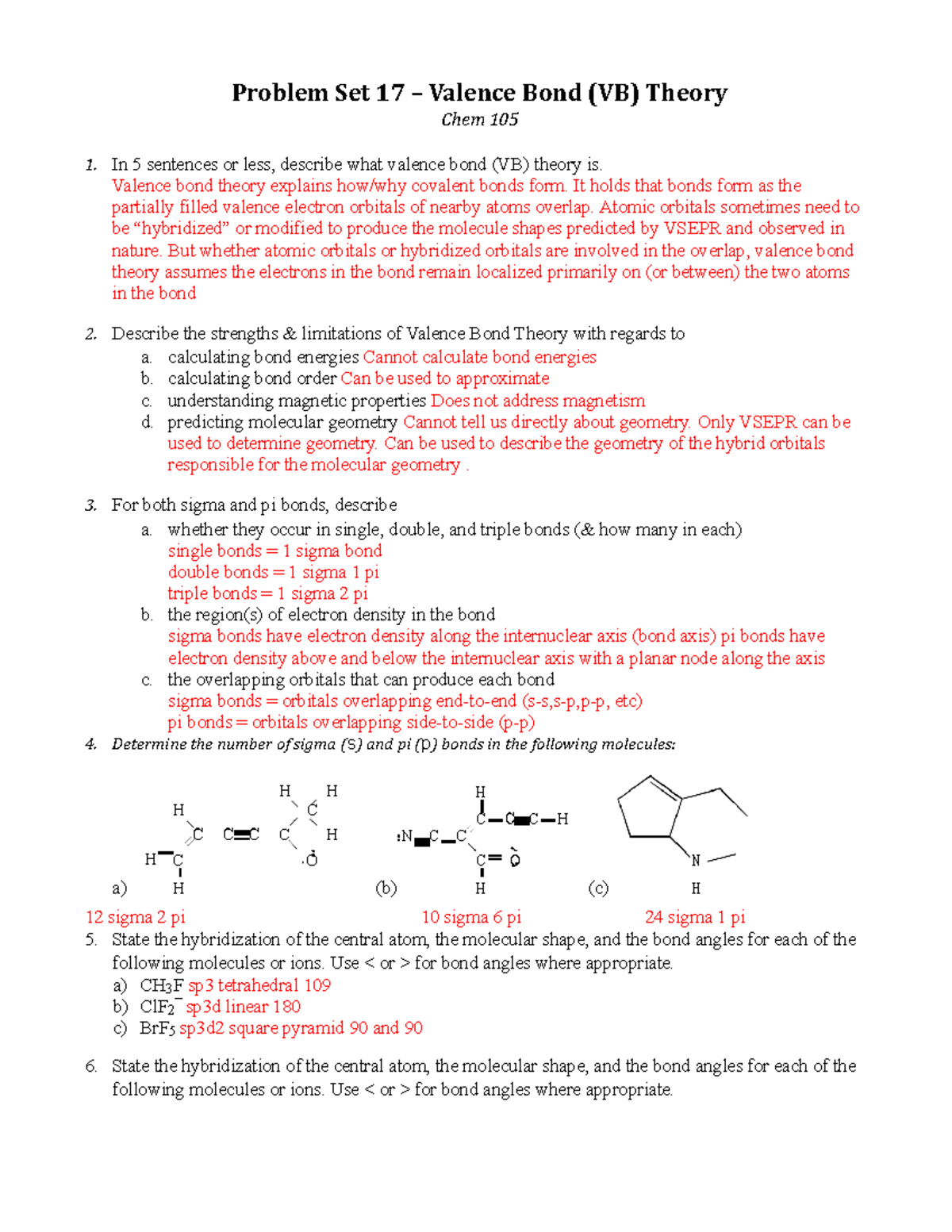 CHEM 105 Problem Set 17: Valence Bond Theory Insights - Studocu