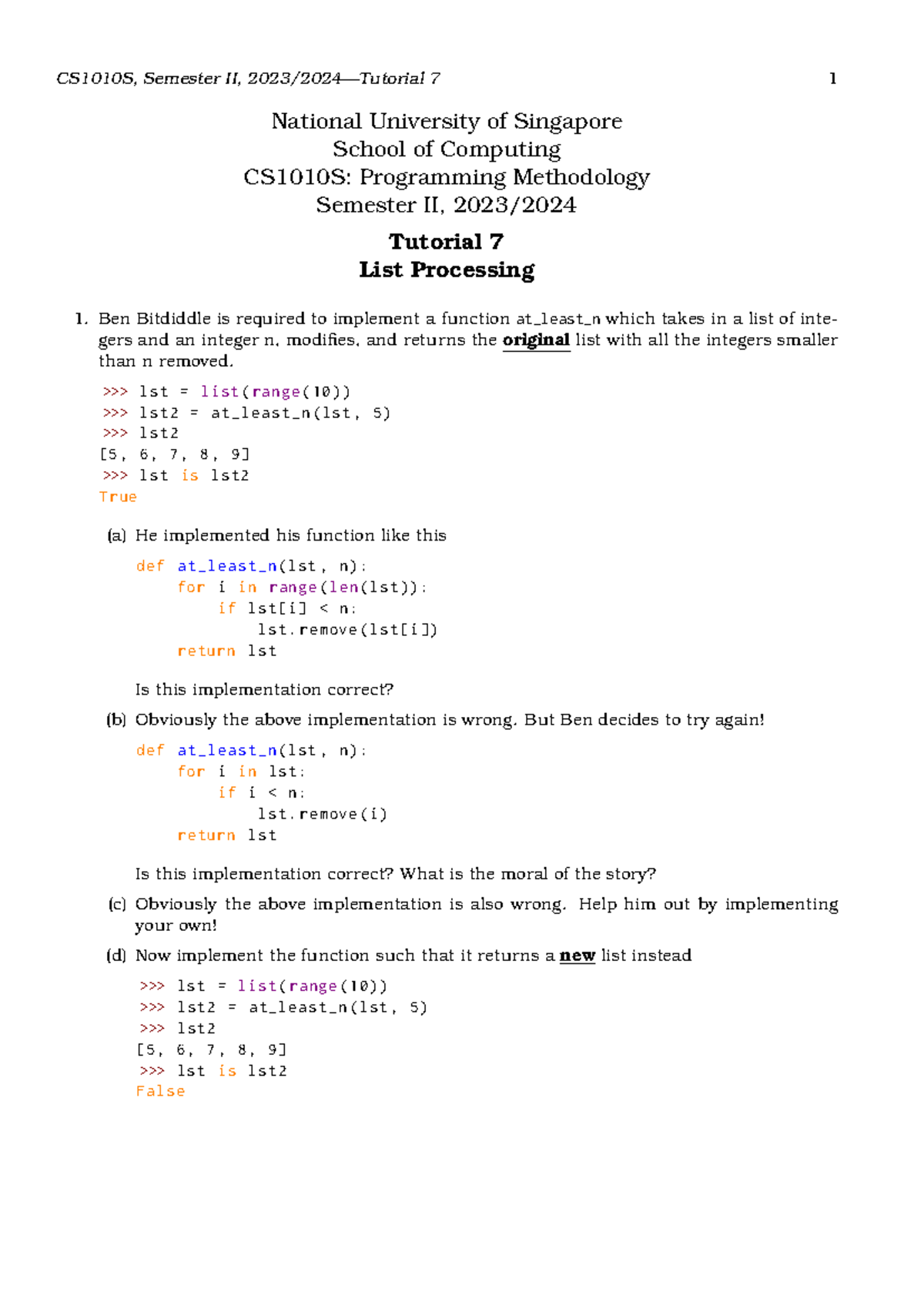 CS1010S: Programming methodology semester II, tutorial 7 - List ...