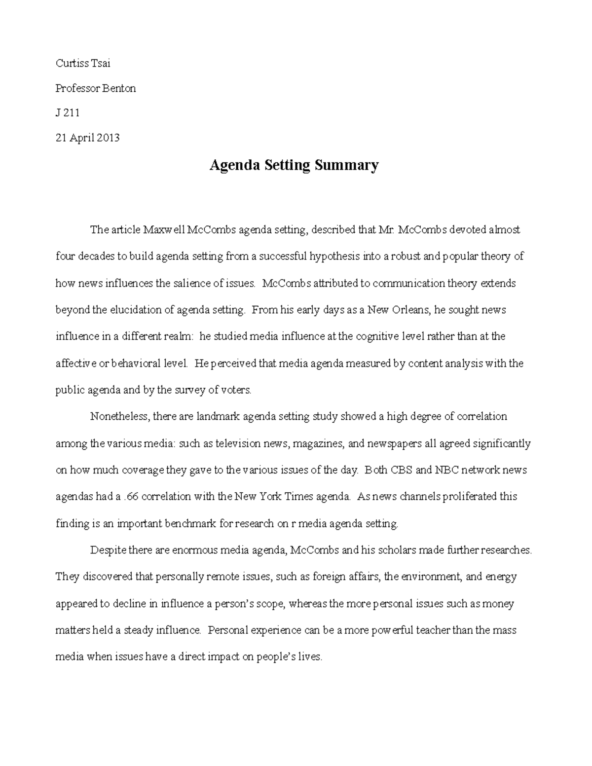 PS 310 Agenda Setting Theory Summary and Insights - Studocu
