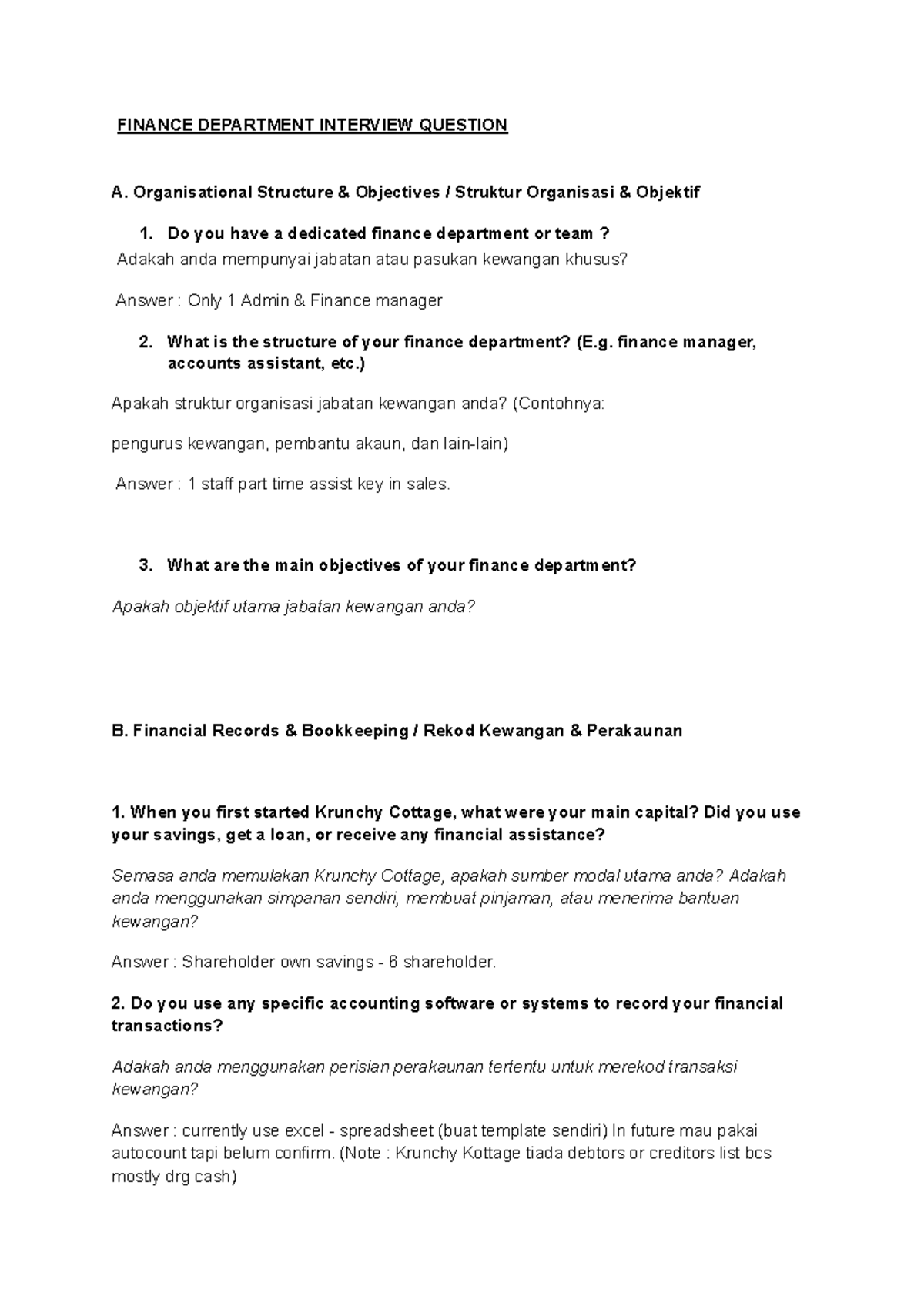 FINANCE 101: Interview Questions for Finance Department - Studocu