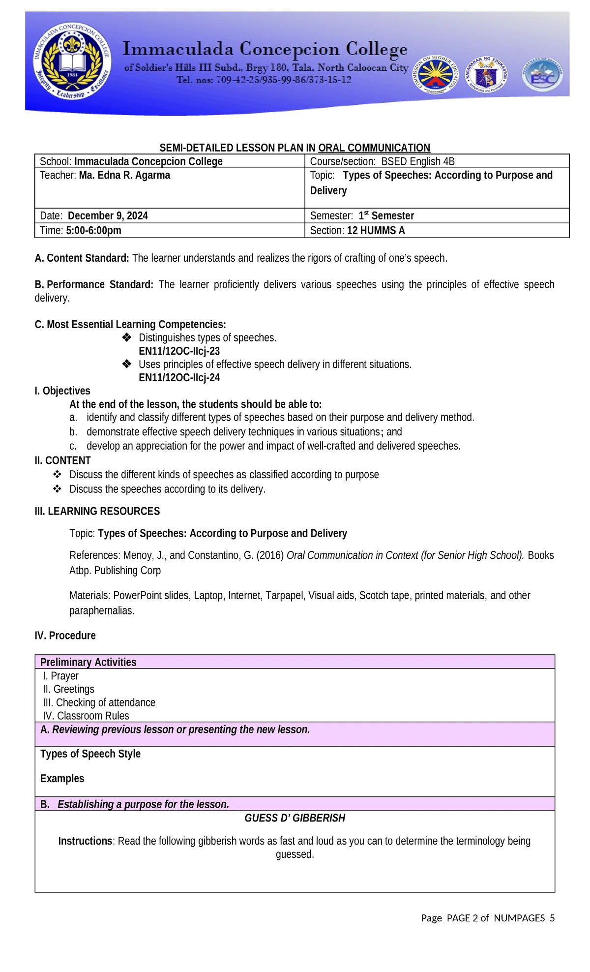 Sample Semi detailed Lesson Plan - Semi-detailed Lesson Plan in English ...